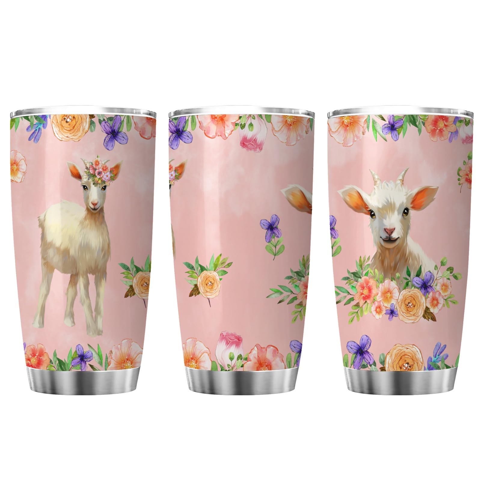 Goat Tumbler With Flip Lid - Flower Stainless Steel Insulated Travel Mug for Hot and Cold Drinks, Hiking, Camping, Office - 20oz Coffee Cup