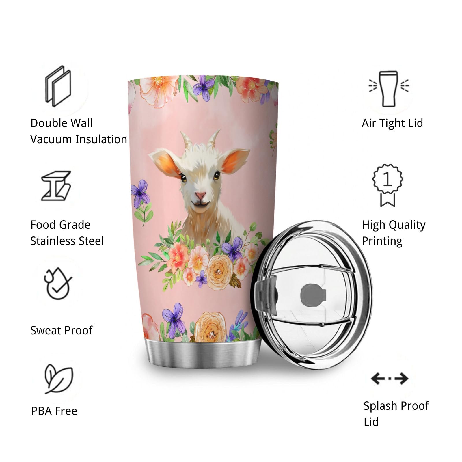 Goat Tumbler With Flip Lid - Flower Stainless Steel Insulated Travel Mug for Hot and Cold Drinks, Hiking, Camping, Office - 20oz Coffee Cup