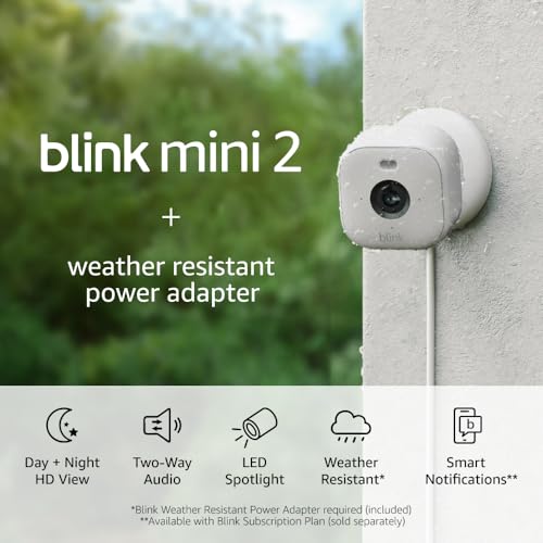 Blink Mini 2 (Newest Model) + Weather Resistant Adapter β Indoor/Outdoor Home Security & Pet Camera(s) with HD video, motion detection, and built-in spotlight β 2 cameras (White)