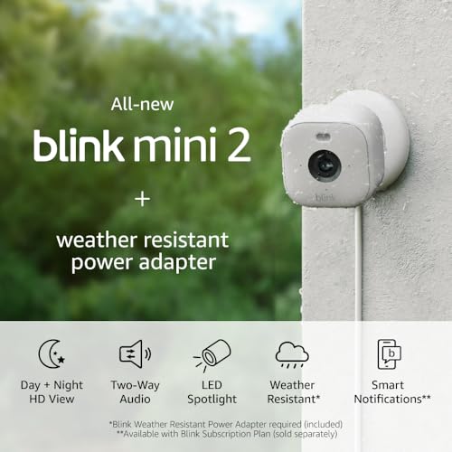 Blink Mini 2 (Newest Model) + Weather Resistant Adapter β Indoor/Outdoor Home Security & Pet Camera(s) with HD video, motion detection, and built-in spotlight β 2 cameras (White)