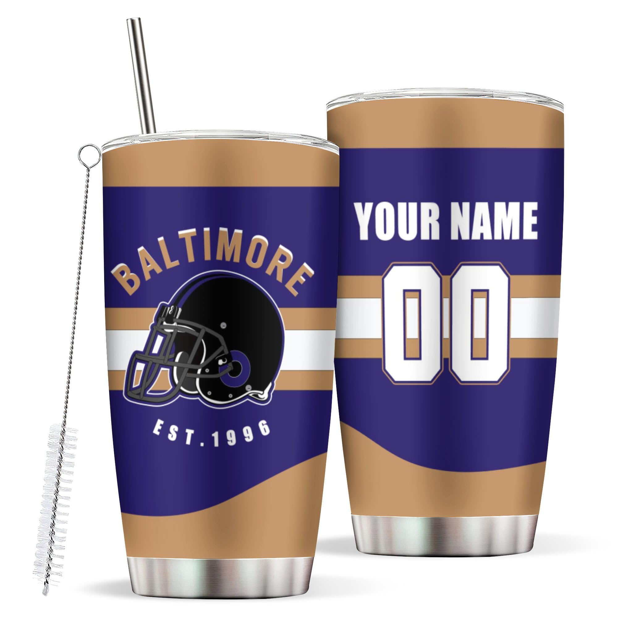 Custom Baltimore Tumbler 20oz Stainless Steel with Lid & Straw Personalized Football Fans Gifts for Women Men Coffee Travel Insulated Mug Cup Add Name Number