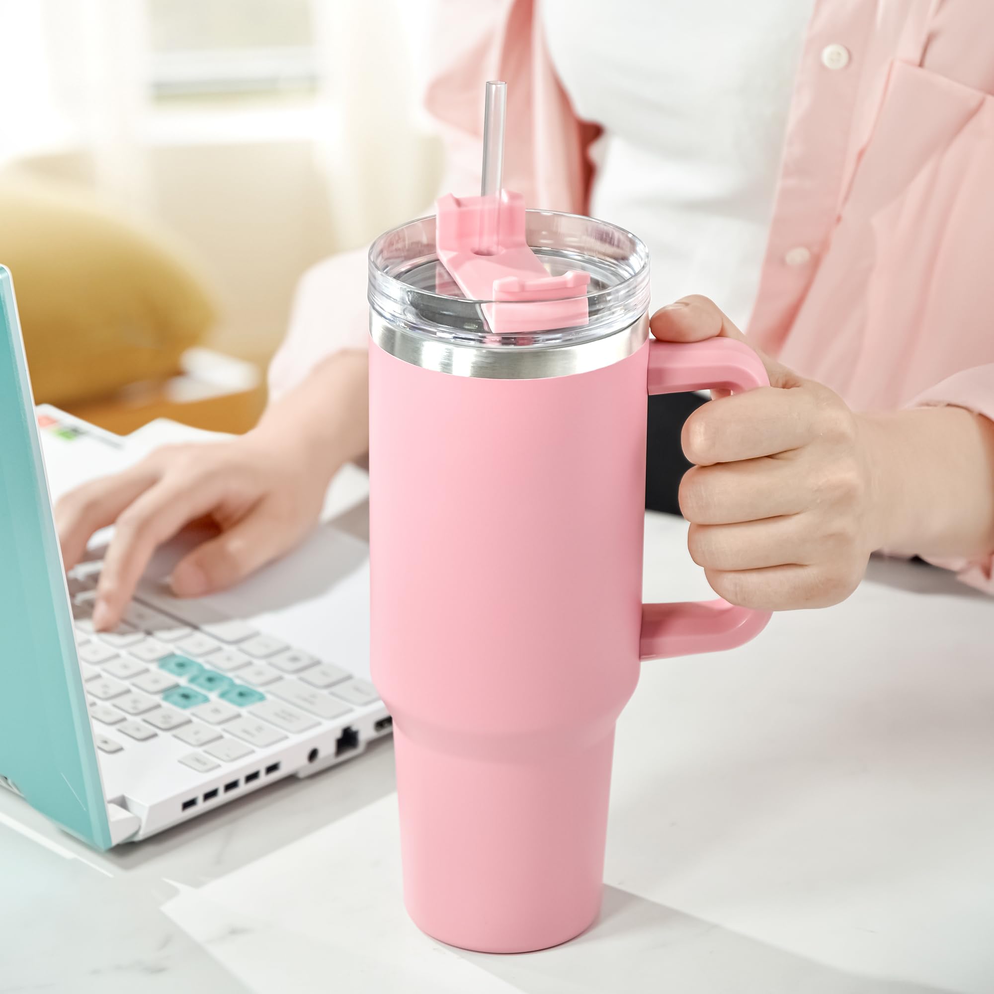 FECBK 40 oz Tumbler with Handle and Straw, 100% Leak-Proof Travel Mug, Stainless Steel Double Wall Vacuum Insulated Coffee Cup Keeps Cold For 34 Hours, Dishwasher Safe, Grey