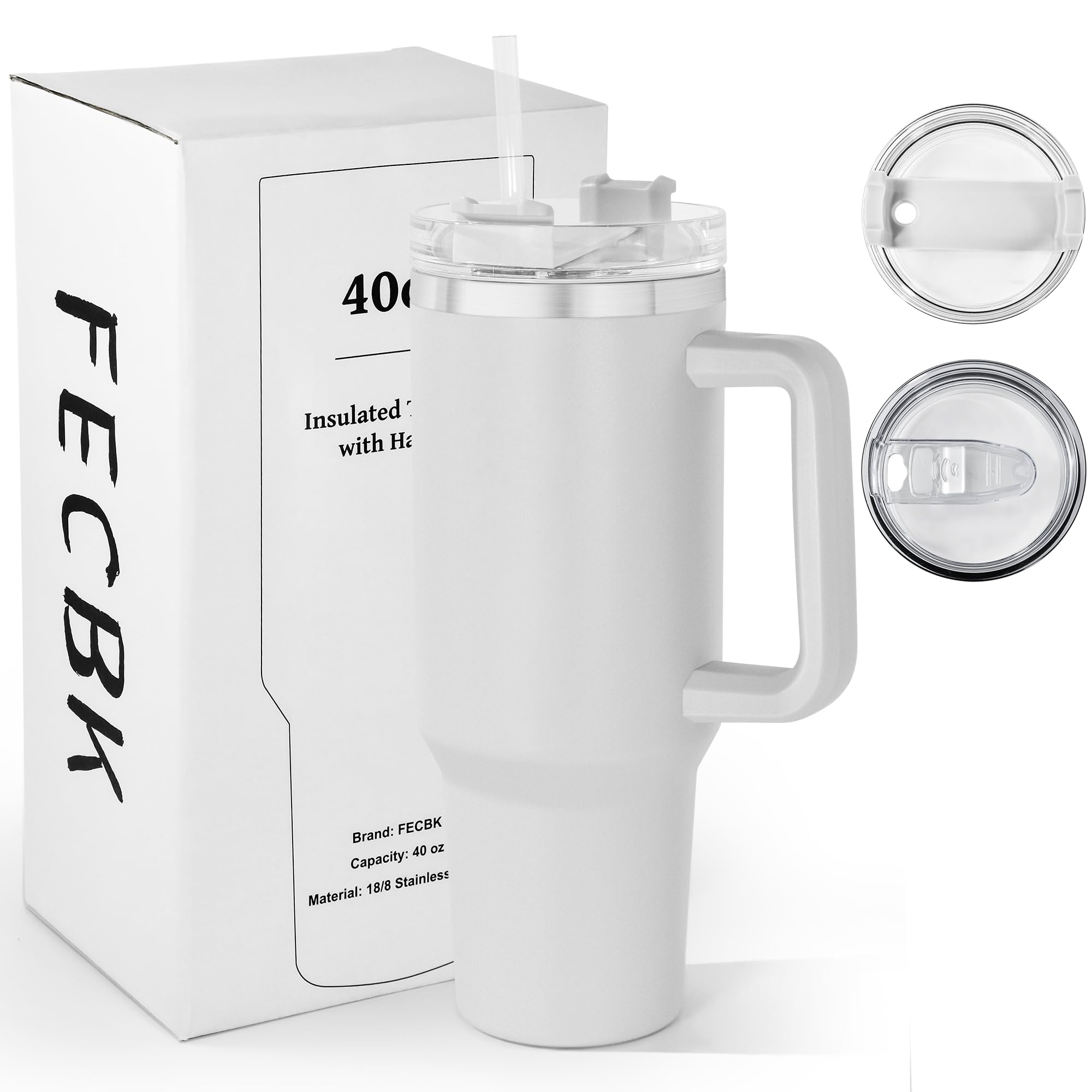 FECBK 40 oz Tumbler with Handle and Straw, 100% Leak-Proof Travel Mug, Stainless Steel Double Wall Vacuum Insulated Coffee Cup Keeps Cold For 34 Hours, Dishwasher Safe, Grey