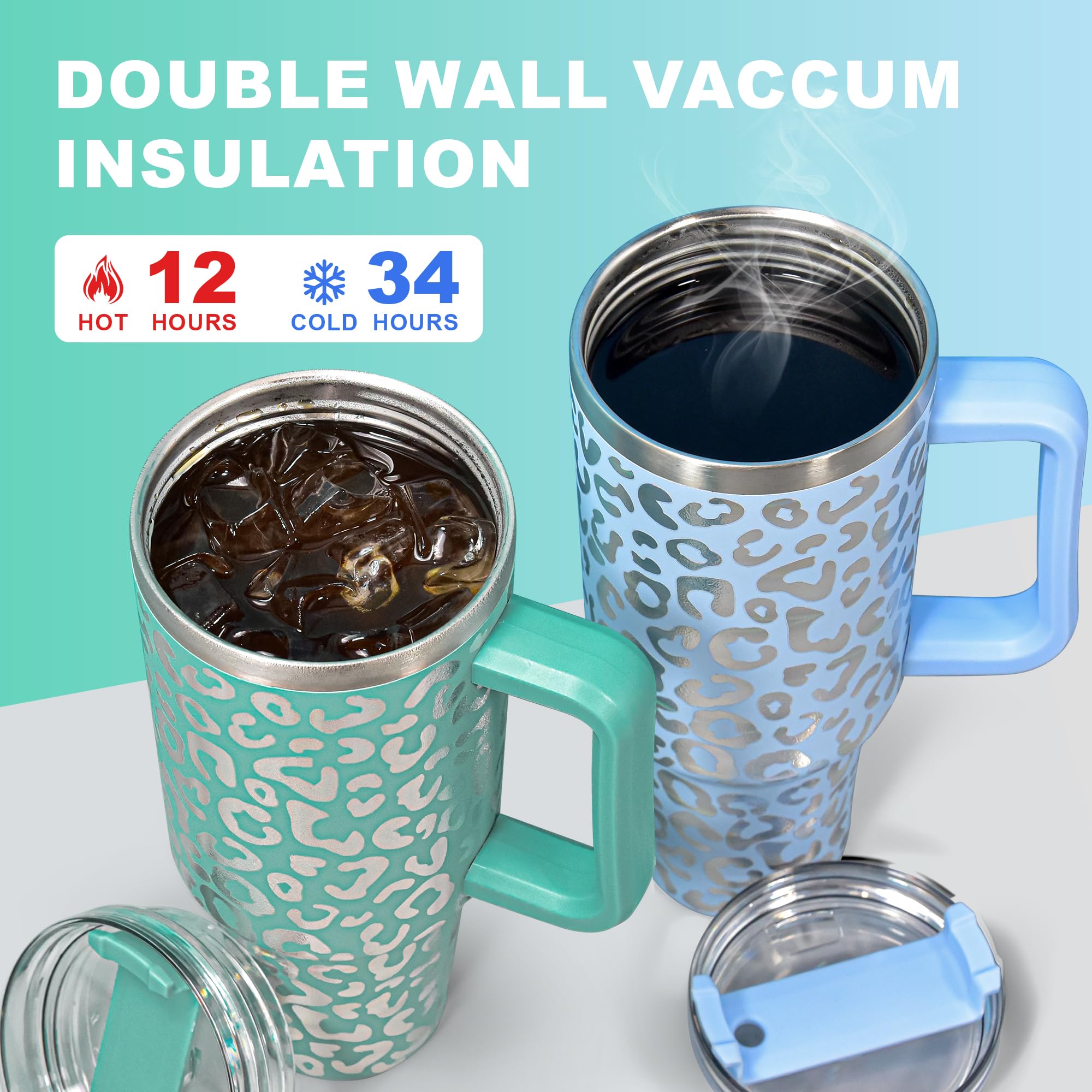 FECBK 40 oz Tumbler with Handle and Straw, 100% Leak-Proof Travel Mug, Stainless Steel Double Wall Vacuum Insulated Coffee Cup Keeps Cold For 34 Hours, Full Black Leopard