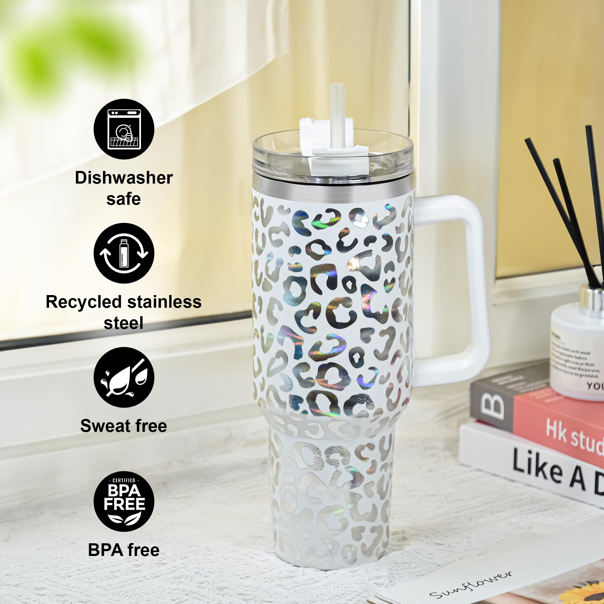 FECBK 40 oz Tumbler with Handle and Straw, 100% Leak-Proof Travel Mug, Stainless Steel Double Wall Vacuum Insulated Coffee Cup Keeps Cold For 34 Hours, Full Black Leopard