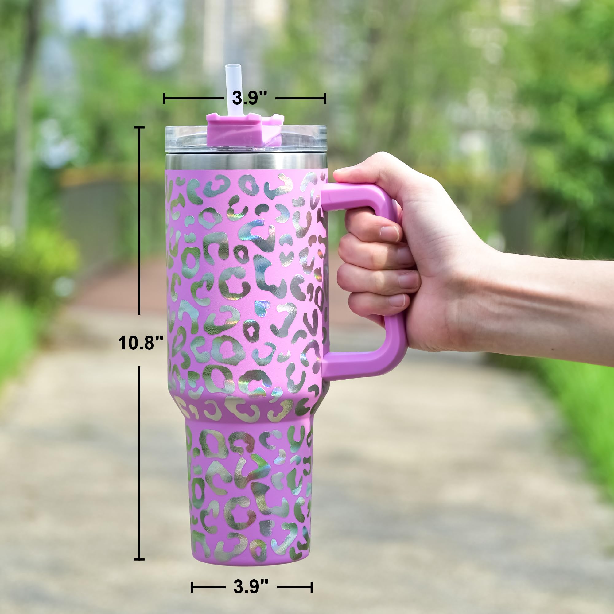 FECBK 40 oz Tumbler with Handle and Straw, 100% Leak-Proof Travel Mug, Stainless Steel Double Wall Vacuum Insulated Coffee Cup Keeps Cold For 34 Hours, Full Black Leopard
