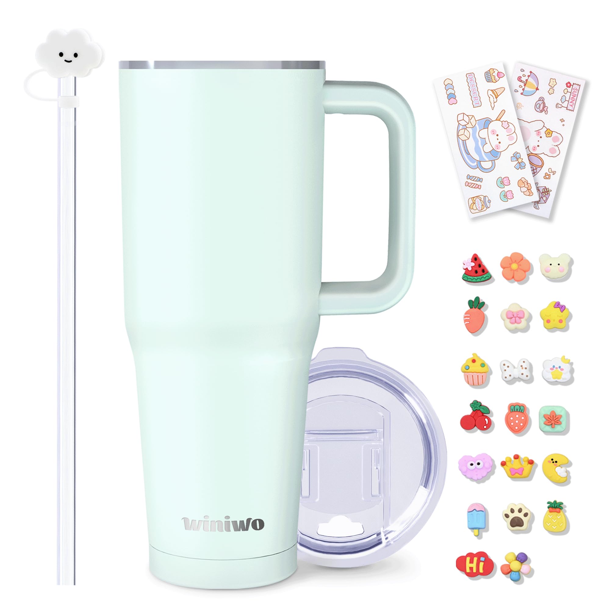 winiwo 40 oz Tumbler with Handle and Straw, D.I.Y Gift for Her, Stainless Steel Travel Mug, Iced Tea or Coffee, Insulated Tumbler with Stickers, Keeps Beverages Cold Up to 24 Hours