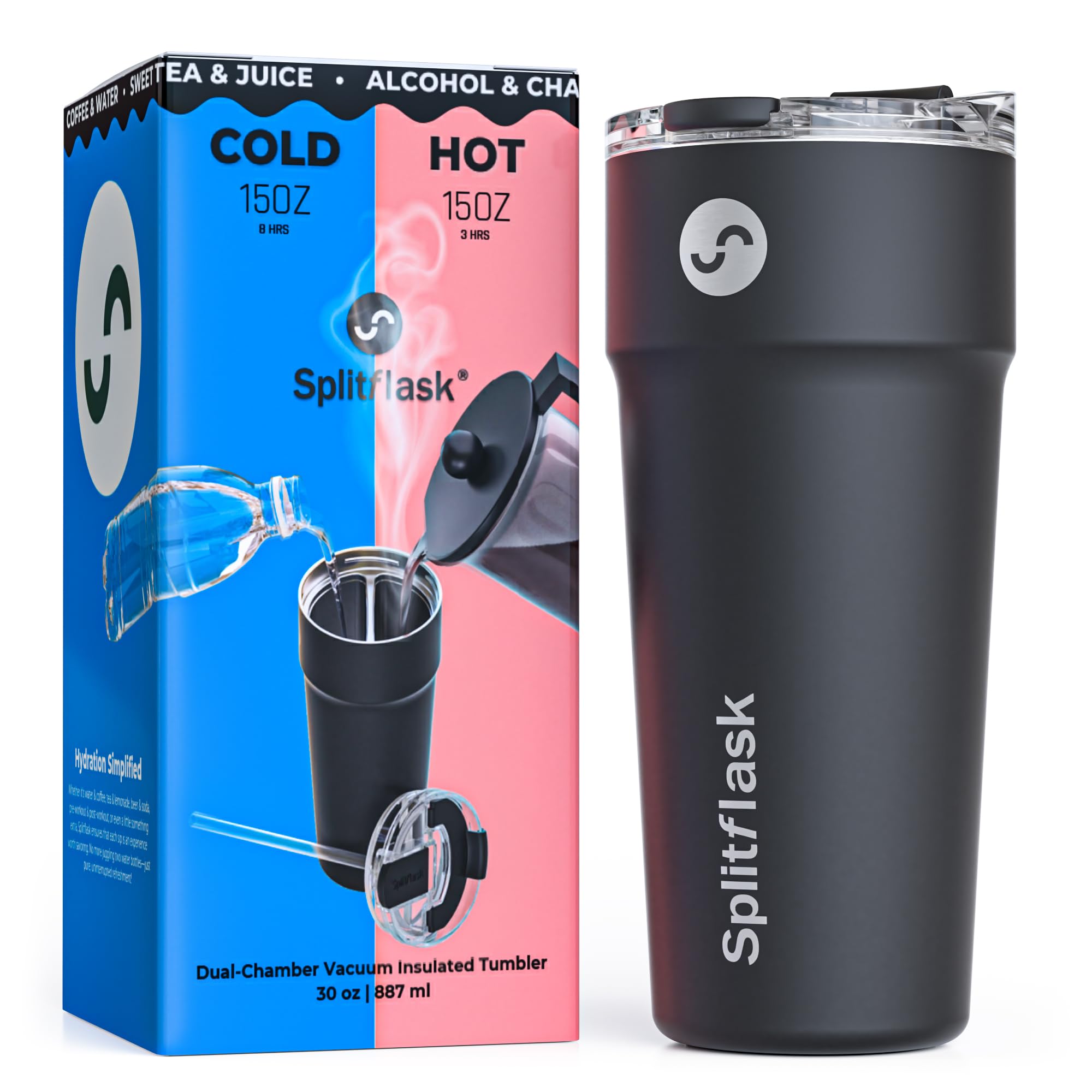 Splitflask 2-in-1 Hot & Cold Vacuum Insulated 30oz Tumbler, Stainless Steel, Dual Chamber, Leak-Proof, BPA-Free, Split Cup, 2 Drink, 2 Sides, Cup Holder Friendly, Coffee & Water (Hartley Black)