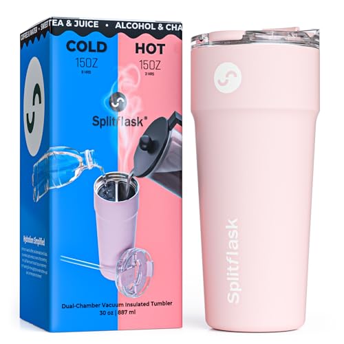 2-in-1 Hot & Cold Vacuum Insulated Tumblers, 30oz Stainless Steel Dual Chamber, Leak-Proof, BPA-Free, Fits Cup Holder, Travel Coffee Mug, Split Cup, 2 Drink, 2 Sides, Coffee & Water (Elle Pink)
