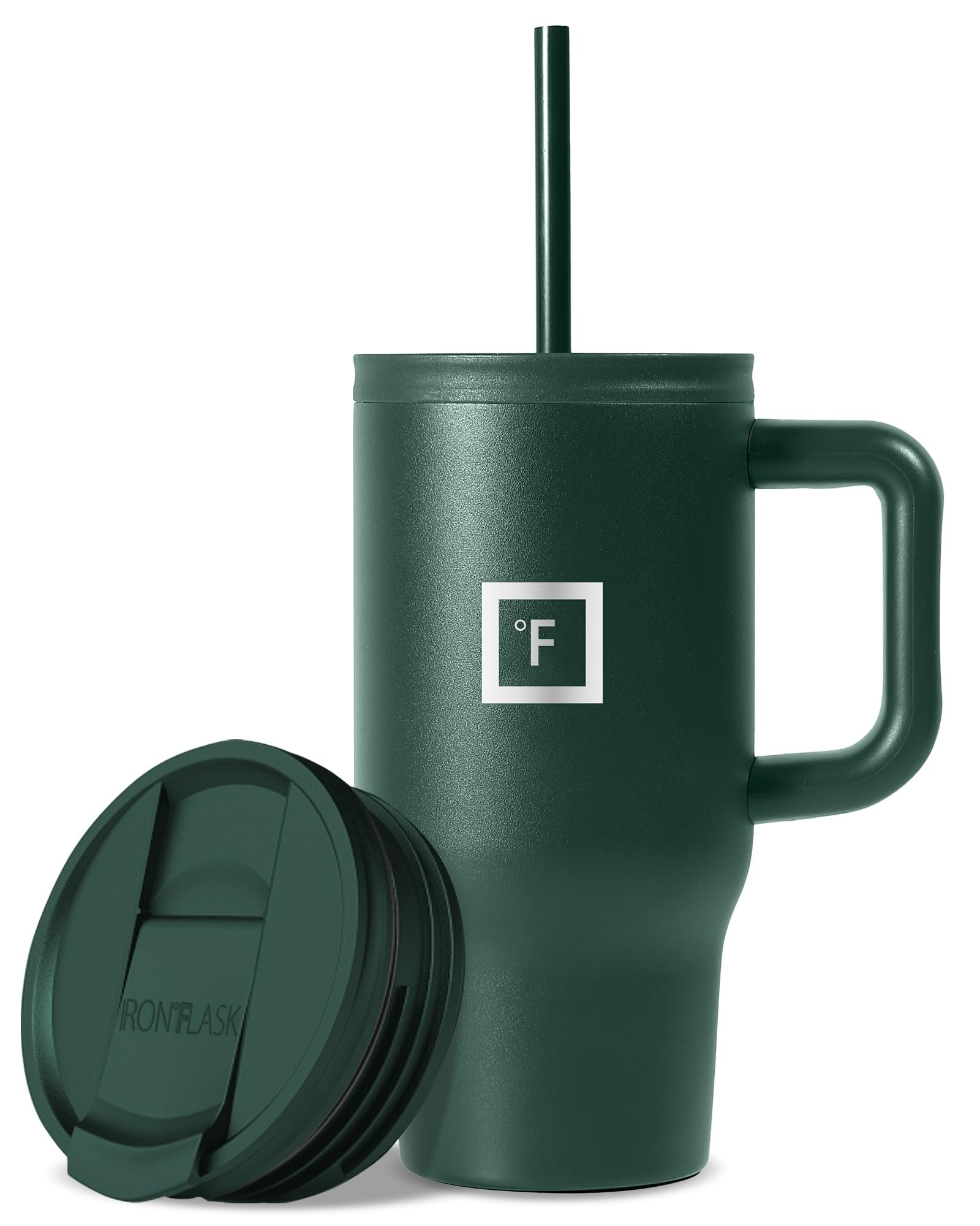 IRON °FLASK Co-Pilot Insulated Mug w/Straw & Flip Cap Lids - Cup Holder Bottle for Hot, Cold Drink - Leak-Proof - Water, Coffee Portable Travel Mug - Dark Pine, 16 Oz