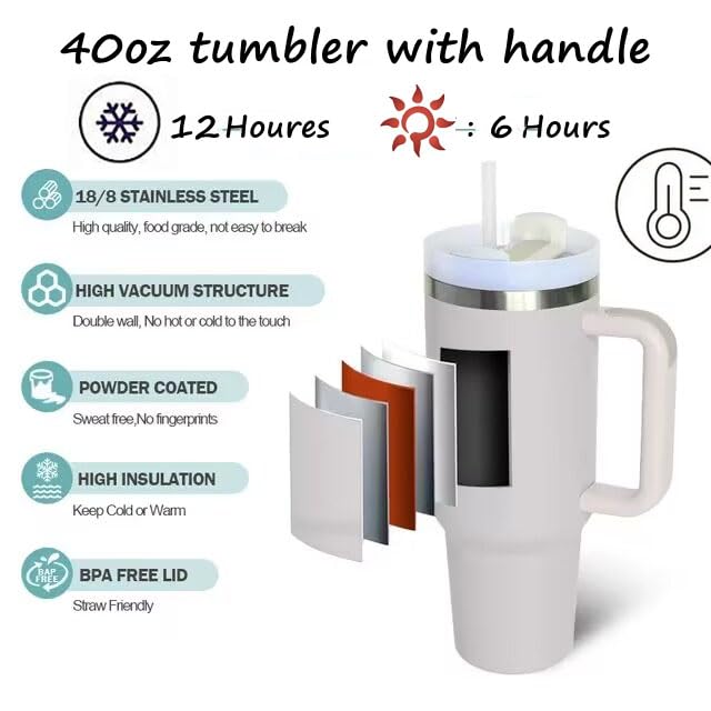 FAMKX 40oz Insulated Travel Mug Tumbler With Handle And Straw,Stainless Steel Double wall Vacuum Thermos Cup Keep Drink Cold and Hot (Champagne#)