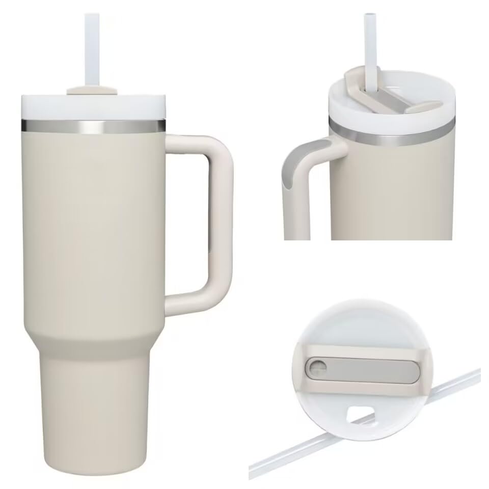 FAMKX 40oz Insulated Travel Mug Tumbler With Handle And Straw,Stainless Steel Double wall Vacuum Thermos Cup Keep Drink Cold and Hot (Dune#)