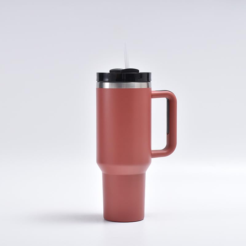FAMKX 40oz Insulated Travel Mug Tumbler With Handle And Straw,Stainless Steel Double wall Vacuum Thermos Cup Keep Drink Cold and Hot (Brick-red#)