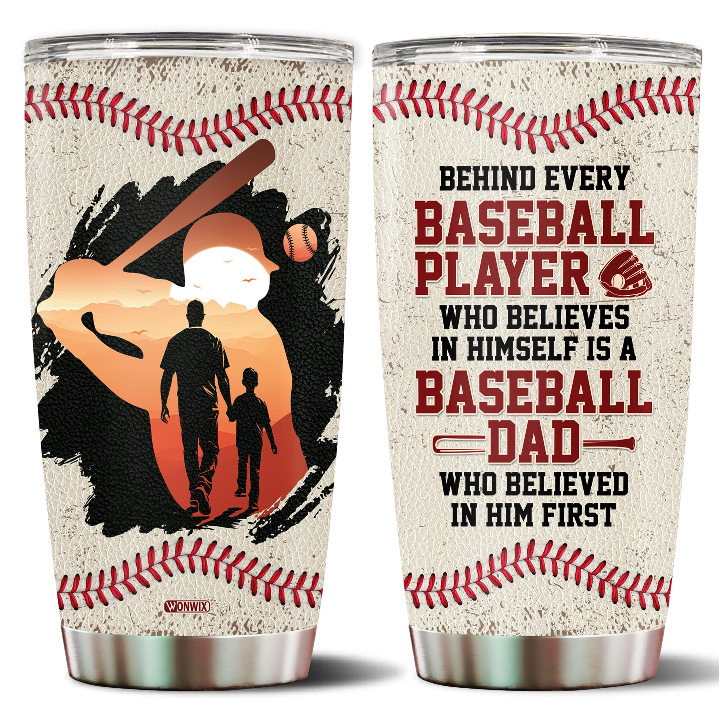 WONWIX Tumbler Gifts for Baseball Dad Stainless Steel with Lid 20 oz Thermos Cup Behind Every Softball Players Travel Coffee Mug Gift for Sport Lover Birthday Fathers Day Christmas