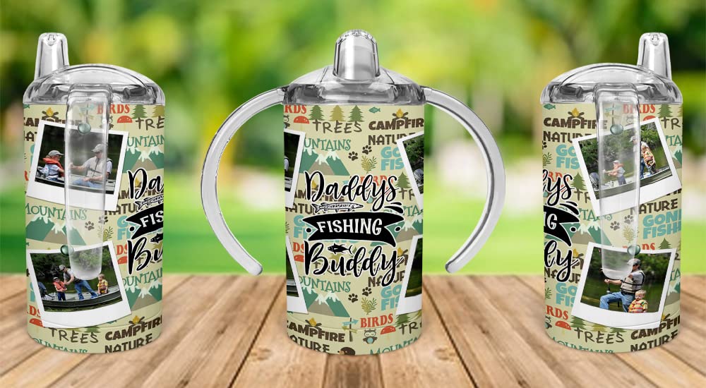 Daddy's Fishing Buddy #2 12oz Sippy Tumbler, Both Lids, Boys or Girls, Personalize, Add Your Own Photos, Gift, Keeps Drinks Cold Or Hot