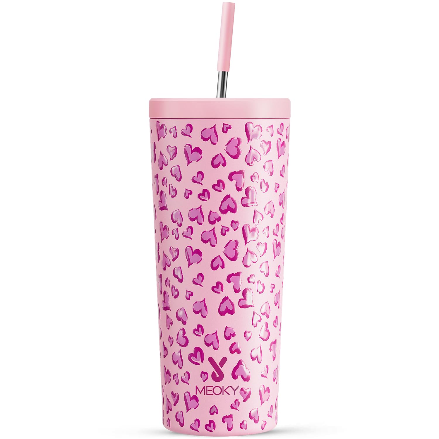Meoky 24 oz Insulated Tumbler with Lid and Straw, Stainless Steel Vacuum Insulated Tumbler, Keeps Cold for 24 Hours, 100% Leak Proof, Fits in Car Cup Holder (Love)