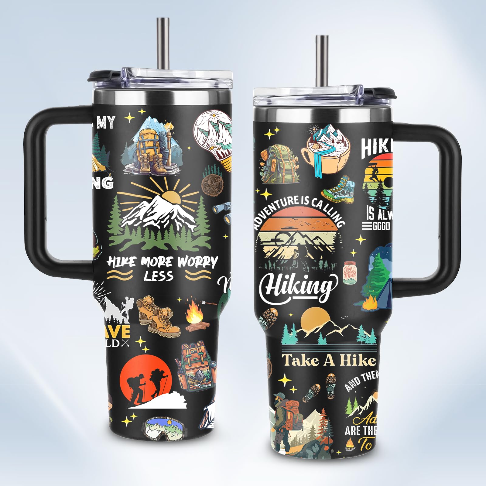 HYMONA 40oz Insulated Hiking Water Bottle - Double Wall Vacuum Coffee Tumbler for Outdoor Adventures, Camping Travel Mug with Straws (Mountain Design), Perfect Hiker Gift for Men & Women