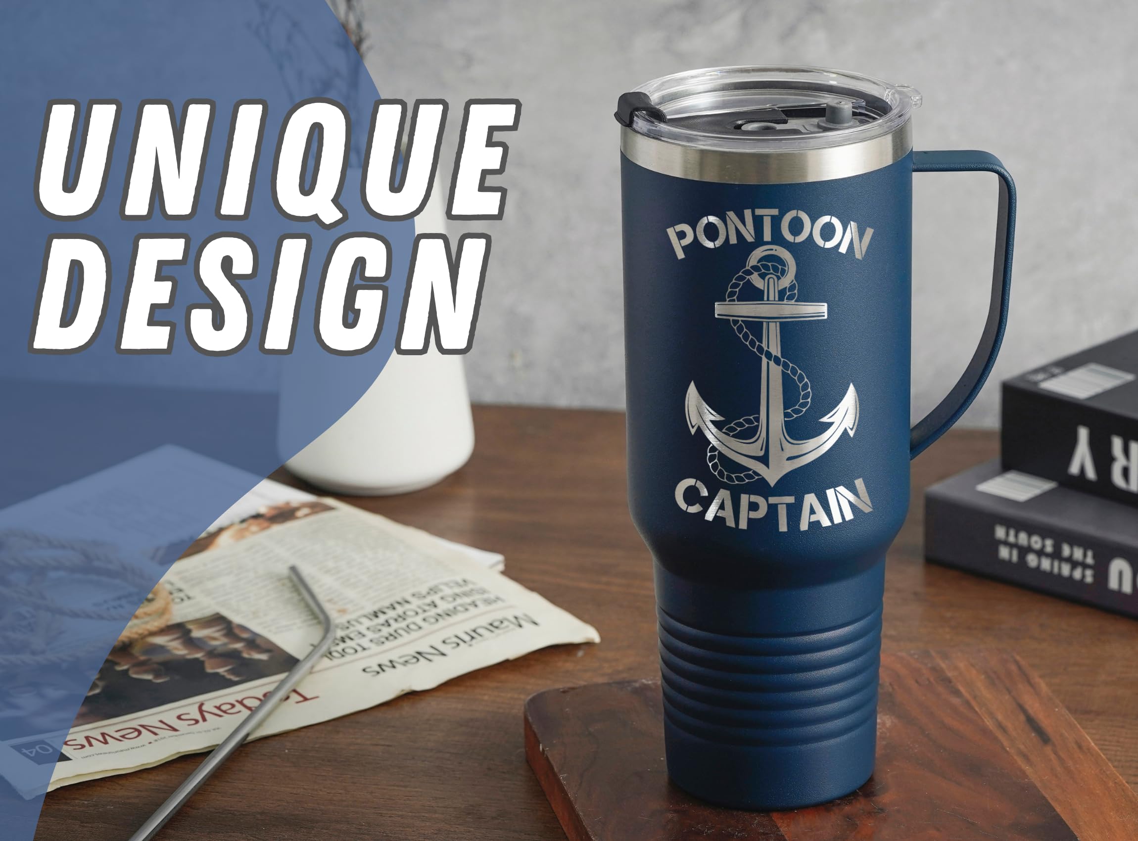 Onebttl Pontoon Boat Captain Tumbler, 40oz Stainless Steel With Spill-Proof Lid and Straw, Laser Engraved Gift, Navy Blue