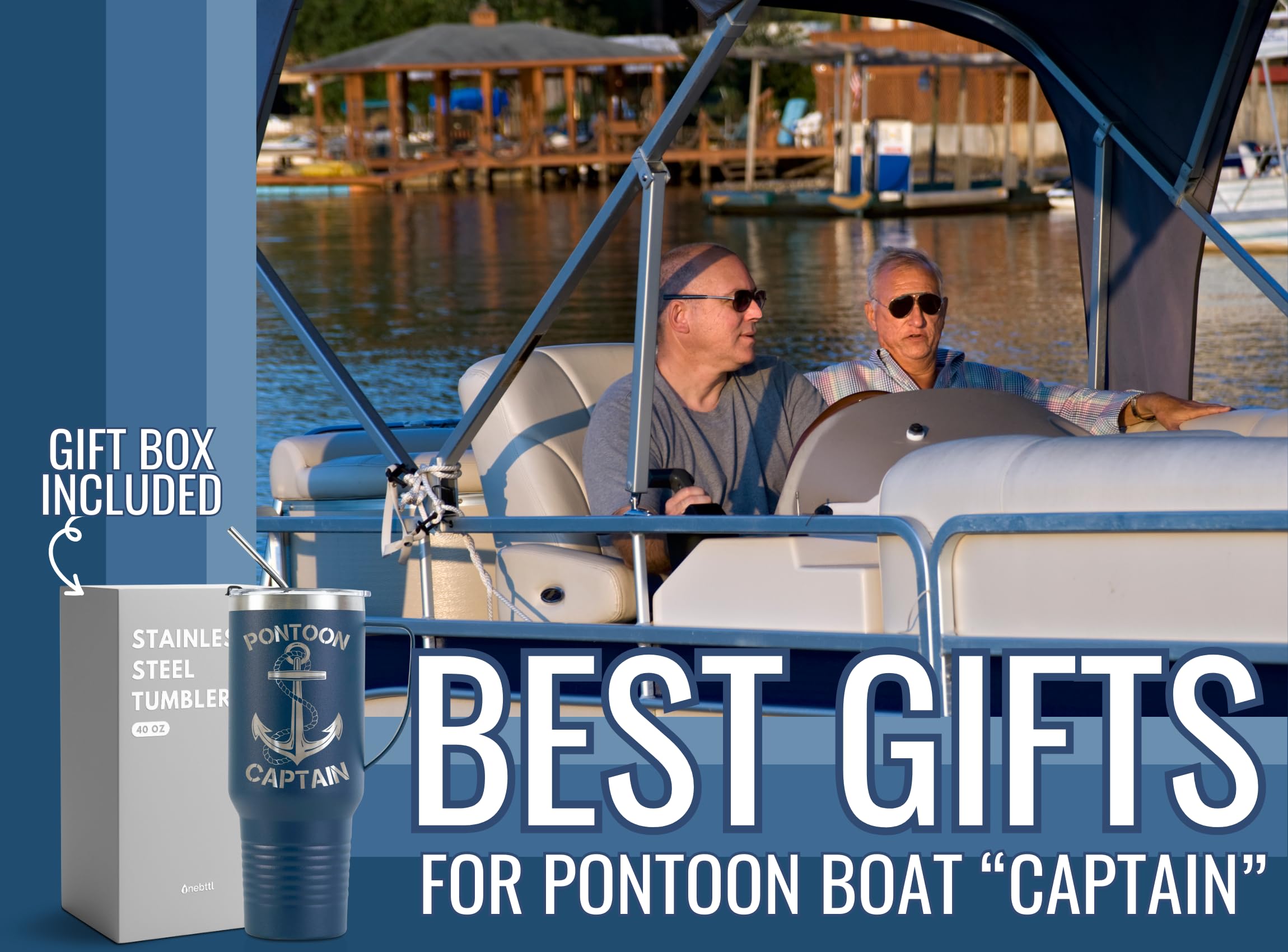 Onebttl Pontoon Boat Captain Tumbler, 40oz Stainless Steel With Spill-Proof Lid and Straw, Laser Engraved Gift, Navy Blue