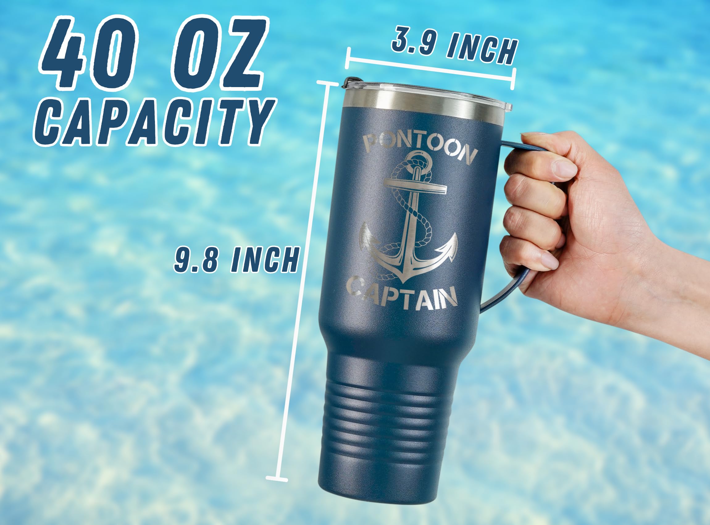 Onebttl Pontoon Boat Captain Tumbler, 40oz Stainless Steel With Spill-Proof Lid and Straw, Laser Engraved Gift, Navy Blue