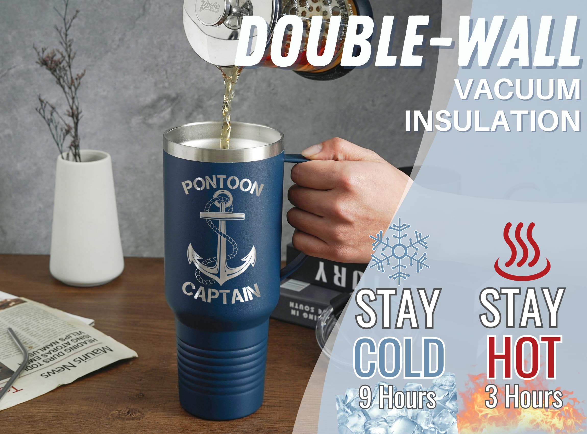 Onebttl Pontoon Boat Captain Tumbler, 40oz Stainless Steel With Spill-Proof Lid and Straw, Laser Engraved Gift, Navy Blue