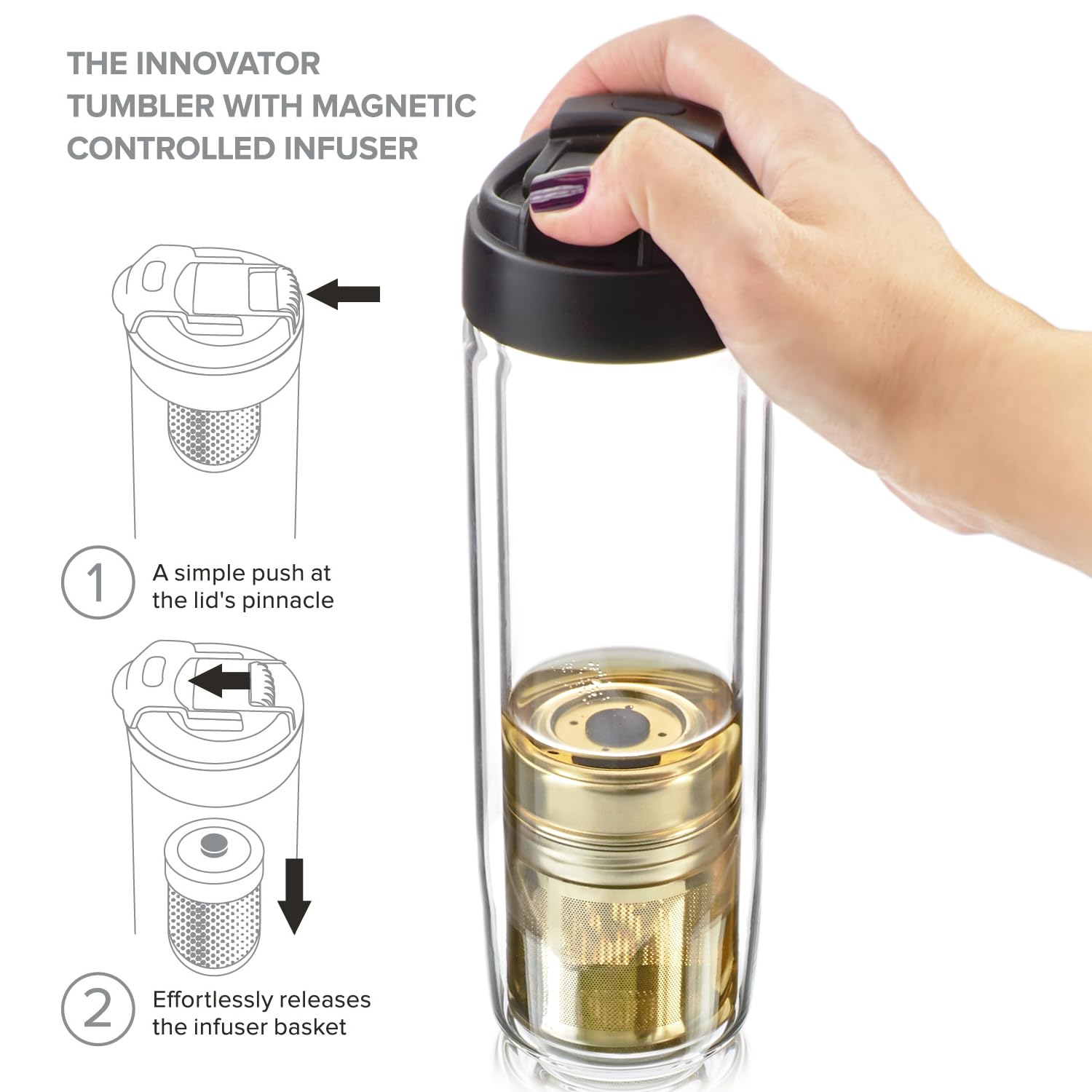 Teabloom Travel Tea Infusing Cup – Insulated Borosilicate Glass Bottle with Magnetic Controlled Infuser and Flip Lid for Hot Tea, Cold-brew Coffee, Fruit Water – The Innovator Tumbler (15oz/450ml)