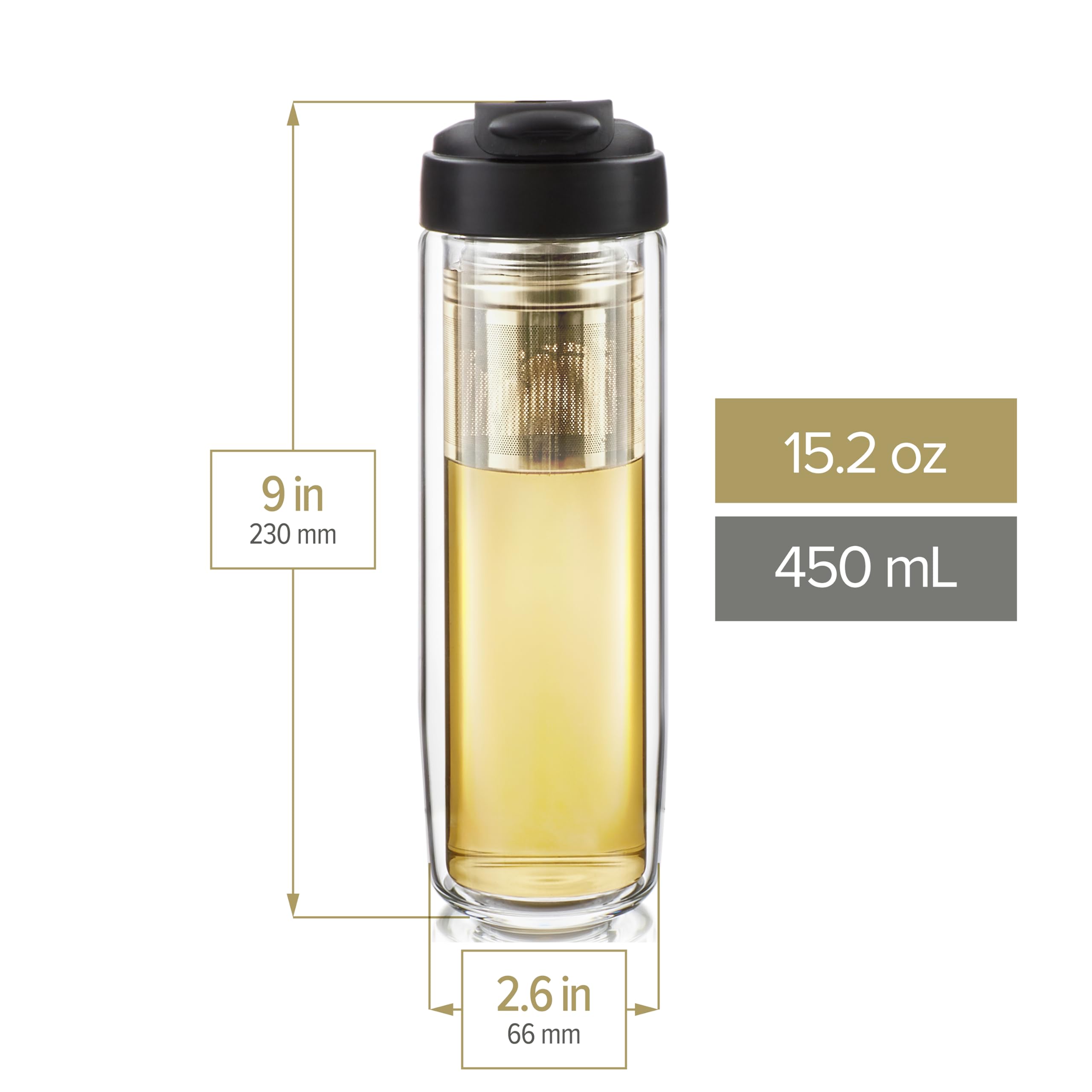 Teabloom Travel Tea Infusing Cup – Insulated Borosilicate Glass Bottle with Magnetic Controlled Infuser and Flip Lid for Hot Tea, Cold-brew Coffee, Fruit Water – The Innovator Tumbler (15oz/450ml)