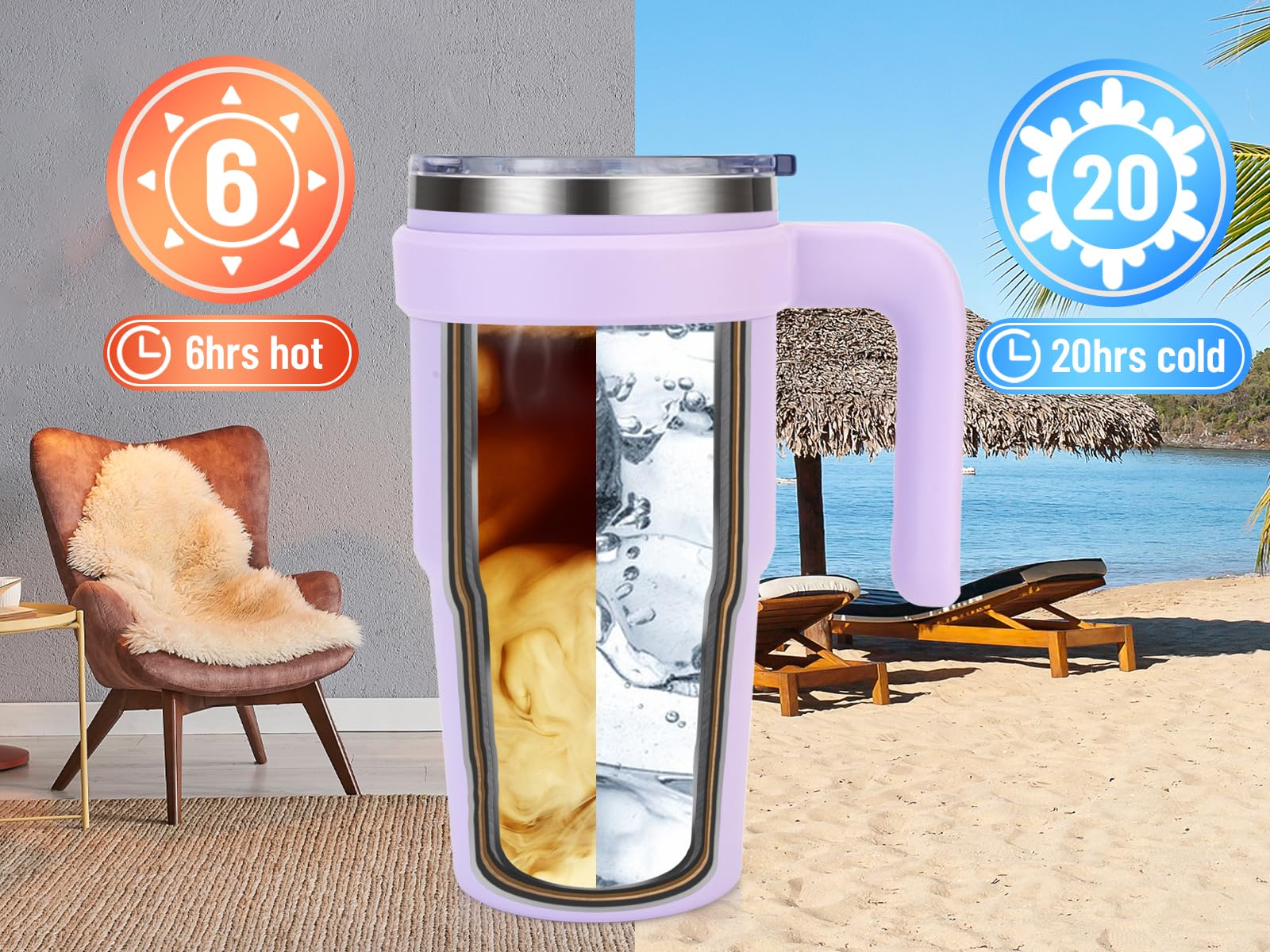 Zukro 20 oz Insulated Tumbler With Handle, Ceramic Interior Coating, No Metallic Aftertaste, Vacuum Stainless Steel Travel Coffee Cup with Lid and Straw, Keep Drinks Hot & Cold For Pure Taste