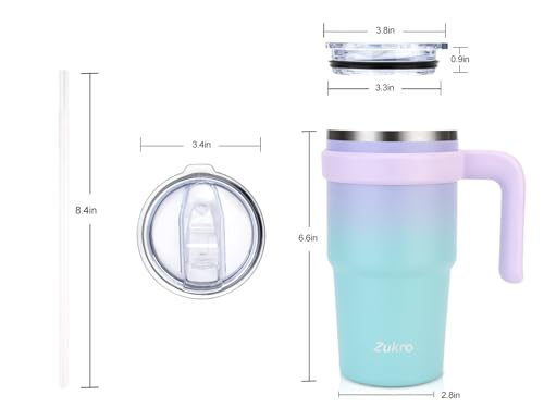 Zukro 20 oz Insulated Tumbler With Handle, Ceramic Interior Coating, No Metallic Aftertaste, Vacuum Stainless Steel Travel Coffee Cup with Lid and Straw, Keep Drinks Hot & Cold, Dishwasher Safe