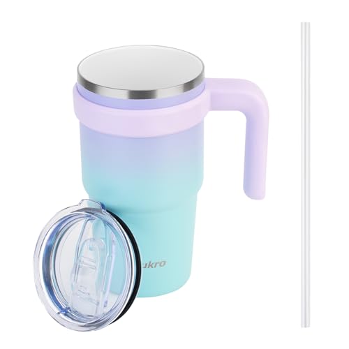 Zukro 20 oz Insulated Tumbler With Handle, Ceramic Interior Coating, No Metallic Aftertaste, Vacuum Stainless Steel Travel Coffee Cup with Lid and Straw, Keep Drinks Hot & Cold, Dishwasher Safe