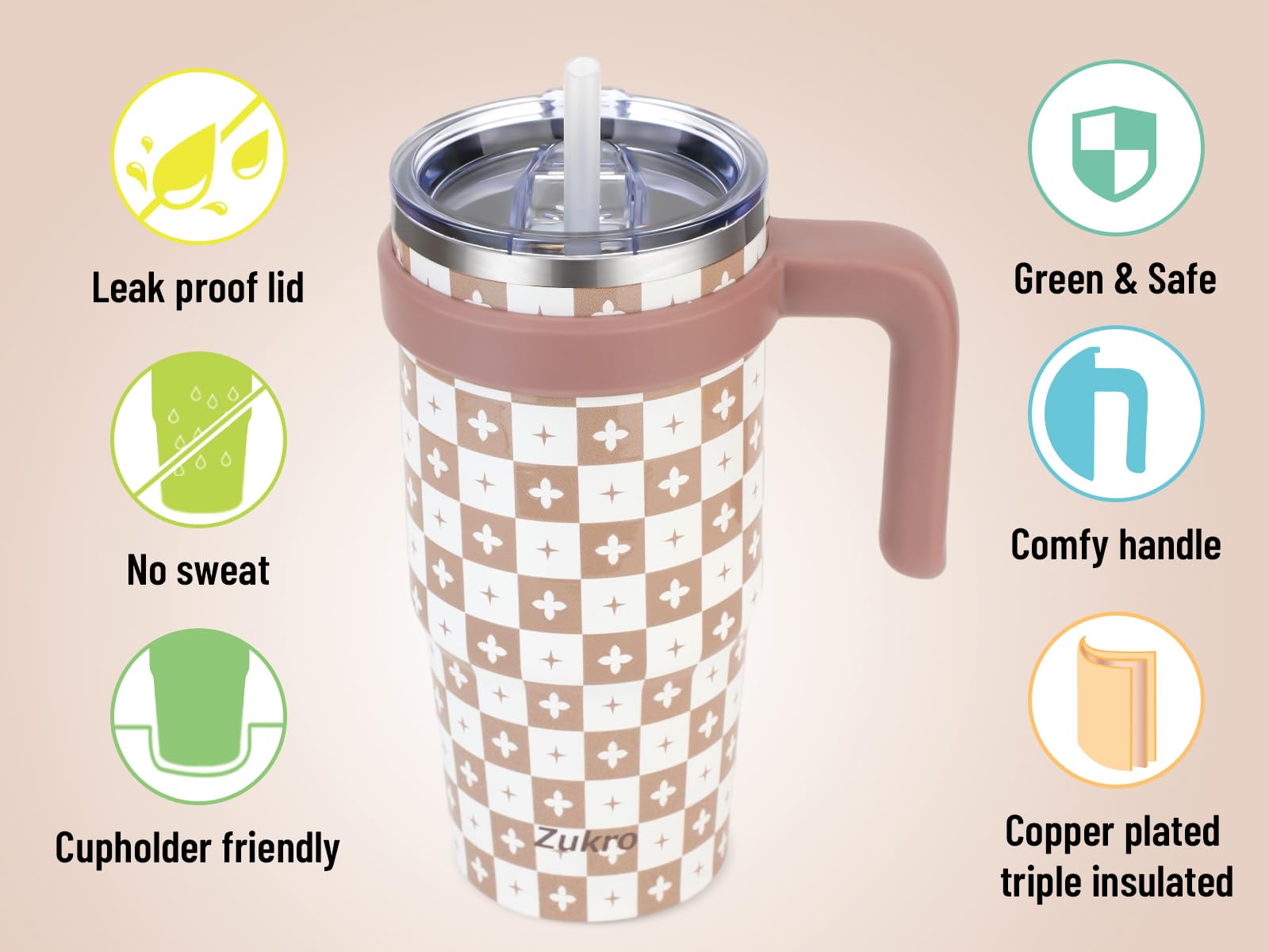 Zukro 24 oz Tumbler with Handle and Straw - Leak Proof Insulated Stainless Steel Cup with Slider Lid For Home and Travel - Double-wall Coffee Mug Keep Drinks Hot and Cold - Dishwasher Safe, No Sweat