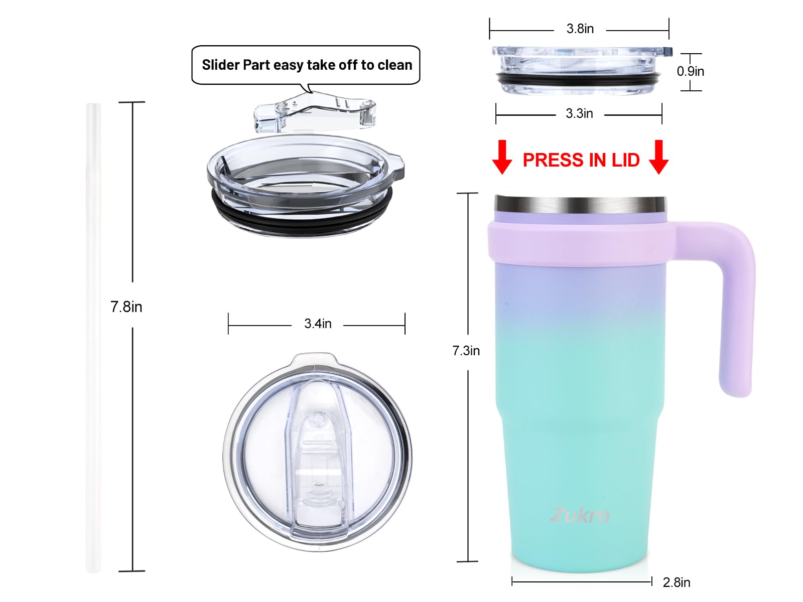 Zukro 24 oz Tumbler with Handle and Straw - Leak Proof Insulated Stainless Steel Cup with Slider Lid For Home and Travel - Double-wall Coffee Mug Keep Drinks Hot and Cold - Dishwasher Safe, No Sweat