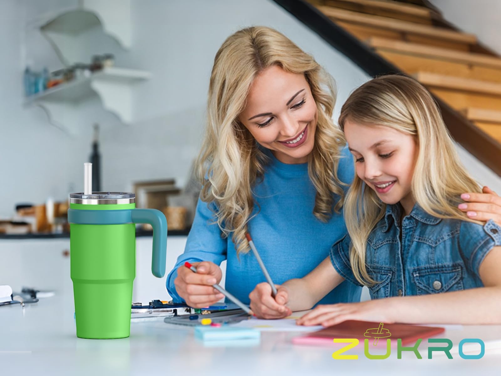 Zukro 24 oz Tumbler with Handle and Straw - Leak Proof Insulated Stainless Steel Cup with Slider Lid For Home and Travel - Double-wall Coffee Mug Keep Drinks Hot and Cold - Dishwasher Safe, No Sweat