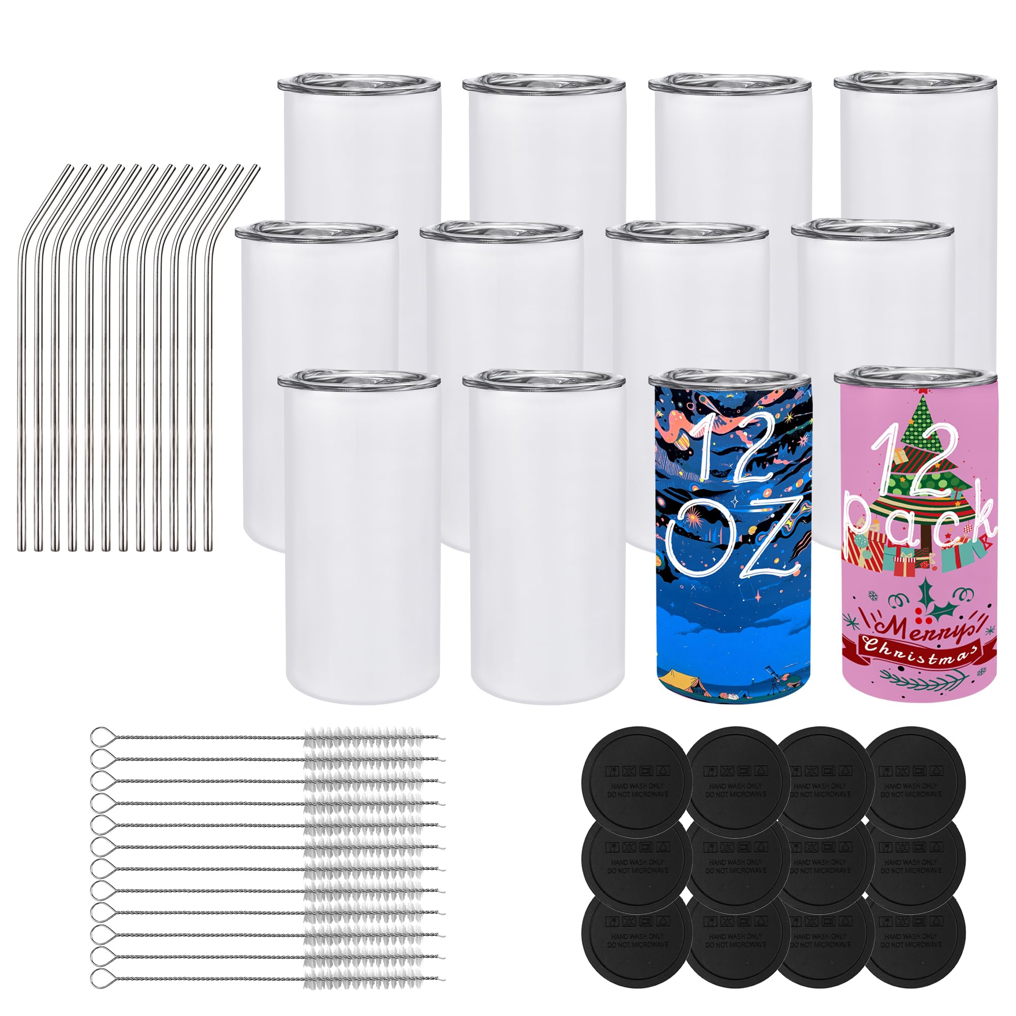 JYLJINGYULI 12 Pack 12 oz Sublimation Tumblers Blanks, 12oz Sublimation Tumbler Cups Blank Bulk, Straight Skinny Insulated Cup Stainless Steel Water Bottle with Lid and Straw for Craft DIY…
