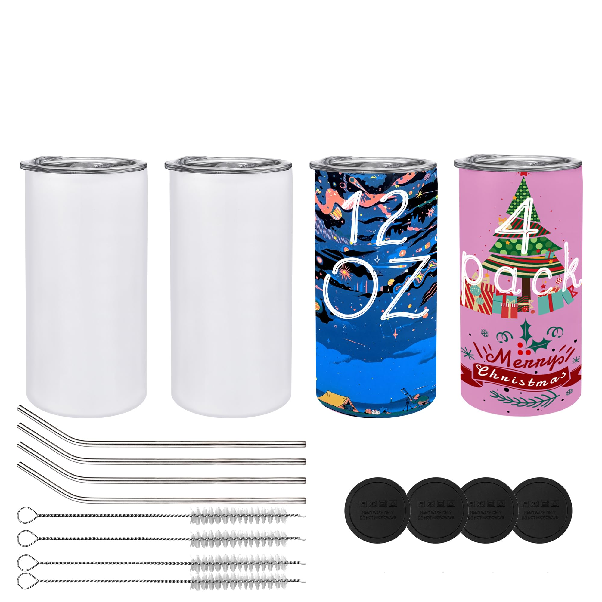 JYLJINGYULI 4 Pack 12 oz Sublimation Tumblers Blanks, 12oz Sublimation Tumbler Cups Blank Bulk, Straight Skinny Insulated Cup Stainless Steel Water Bottle with Lid and Straw for Craft DIY