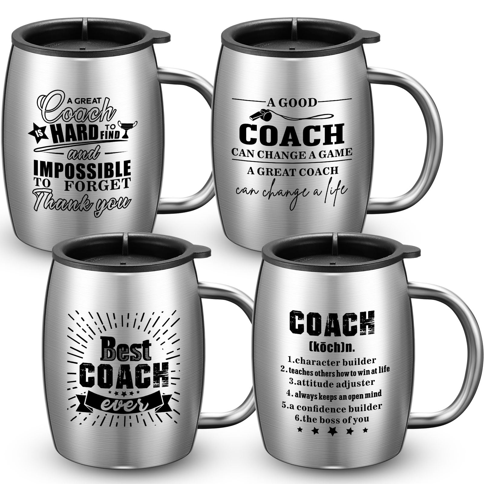 Vesici 4 Pcs Coach Appreciation Gifts 16 oz Insulated Travel Coach Mug Stainless Steel Coffee Tumbler Double Wall Cup for Men Women Soccer Football Basketball Thank You Gifts(Silver)