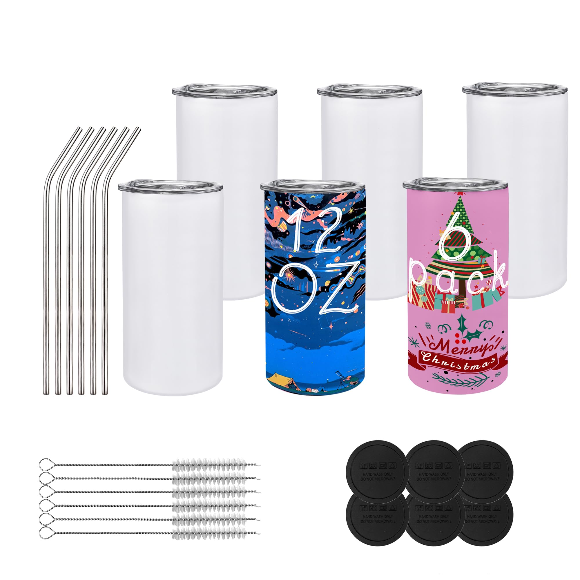 JYLJINGYULI 6 Pack 12 oz Sublimation Tumblers Blanks, 12oz Sublimation Tumbler Cups Blank Bulk, Straight Skinny Insulated Cup Stainless Steel Water Bottle with Lid and Straw for Craft DIY…