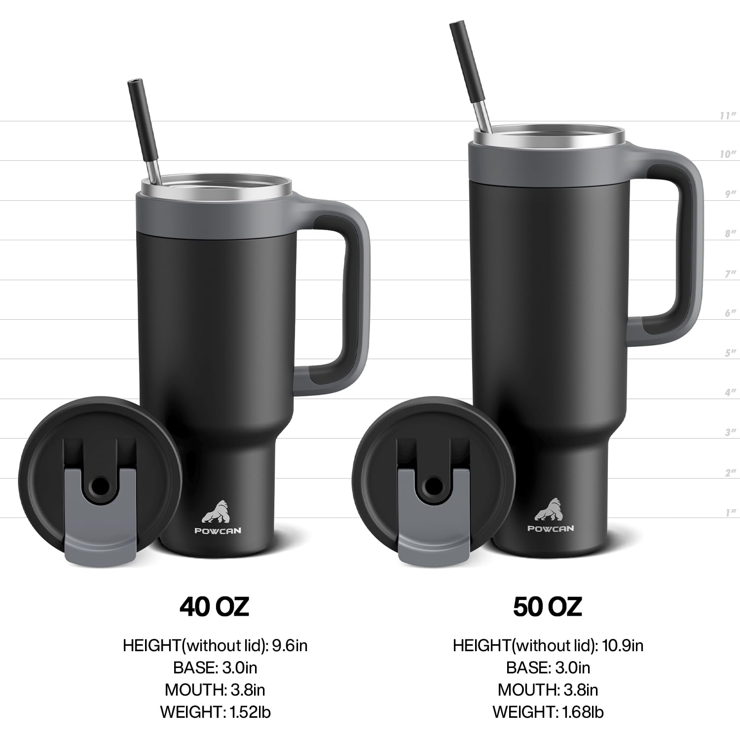 POWCAN 40 oz Tumbler with Handle, 2-in-1 Straw and Sip Lid, Leakproof, Dishwasher Safe, Insulated Stainless Steel Travel Coffee Mug, Keeps Cold for 34 Hours, Fits in Car Cup Holder (Midnight