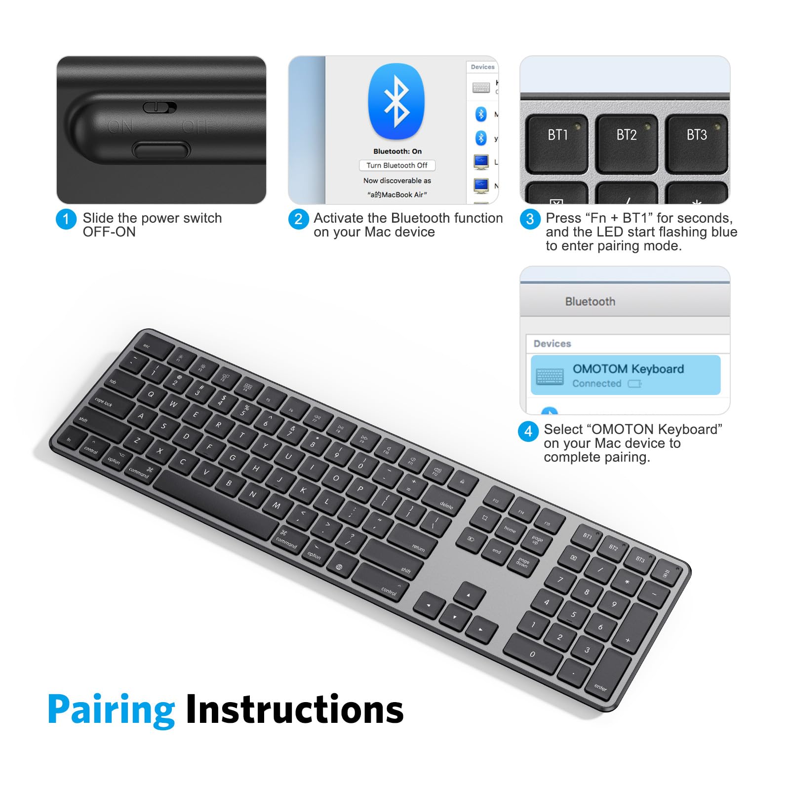 OMOTON Bluetooth Keyboard Compatible with Mac, with Numeric Keypad, Rechargeable Wireless Keyboard Compatible with MacBook Pro/Air, iMac, Mac Mini/Pro Laptop and PC