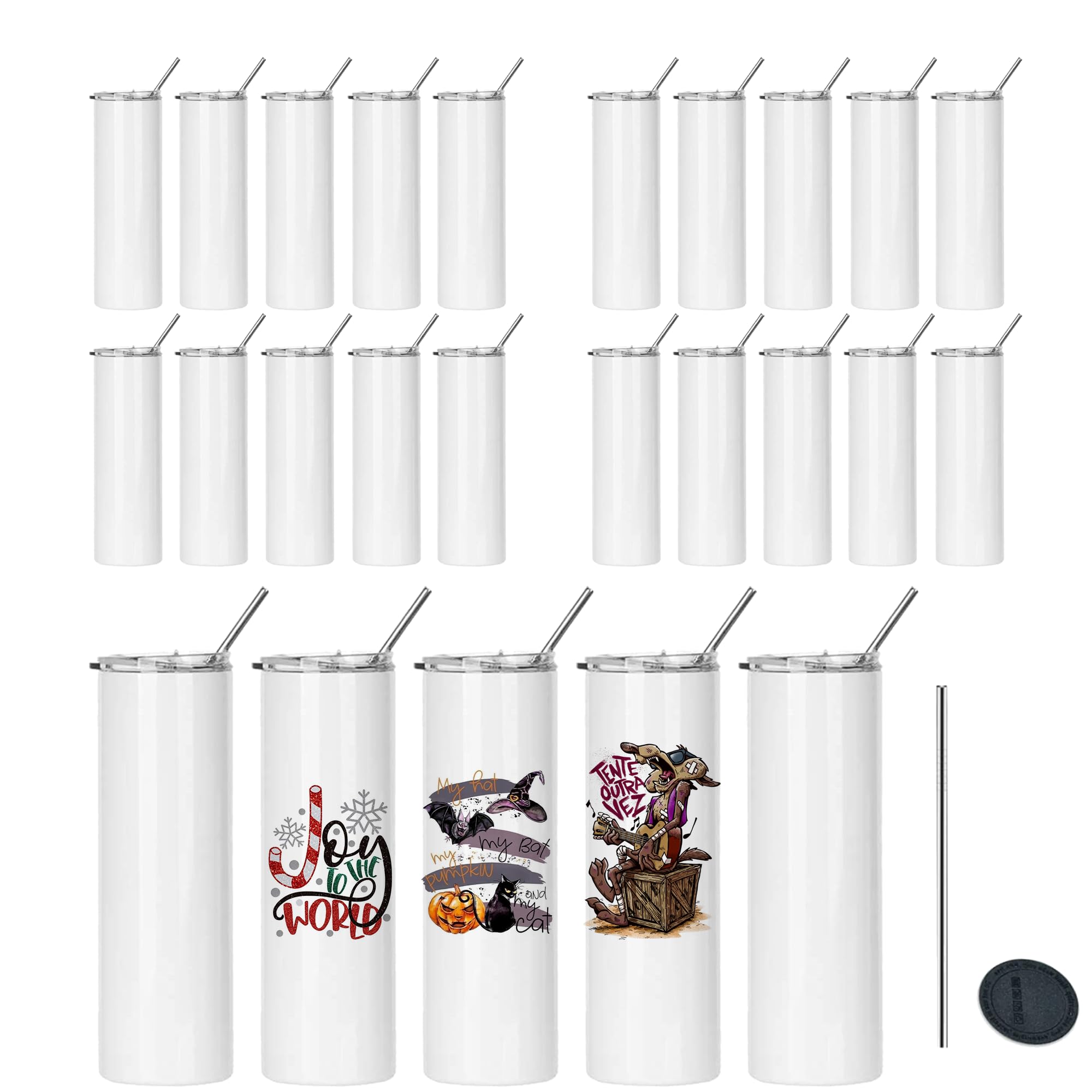 AGH 25 Pack Sublimation Tumbler Blanks with Lid and Stainless Steel Straw,20 OZ Straight Stainless Steel Skinny Straight Sublimation Tumbler Cups, DIY Gift (25PCS-White)