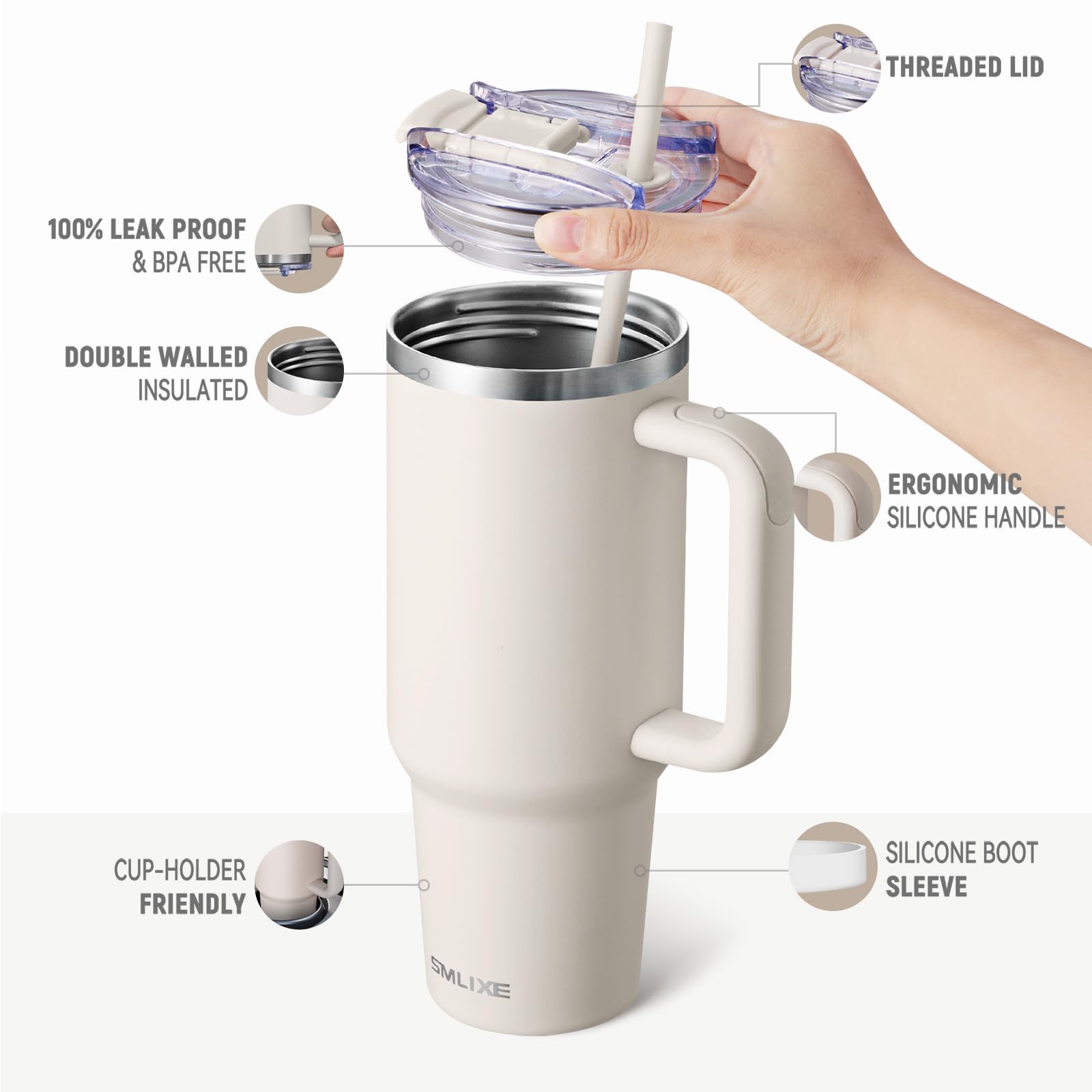 SMLIXE 40 oz Tumbler with Handle and Straw Lid,Insulated Reusable Stainless Steel Water Bottle Travel Mug,Cupholder Friendly Double Wall Vacuum Sealed Cup (Almond Birch)