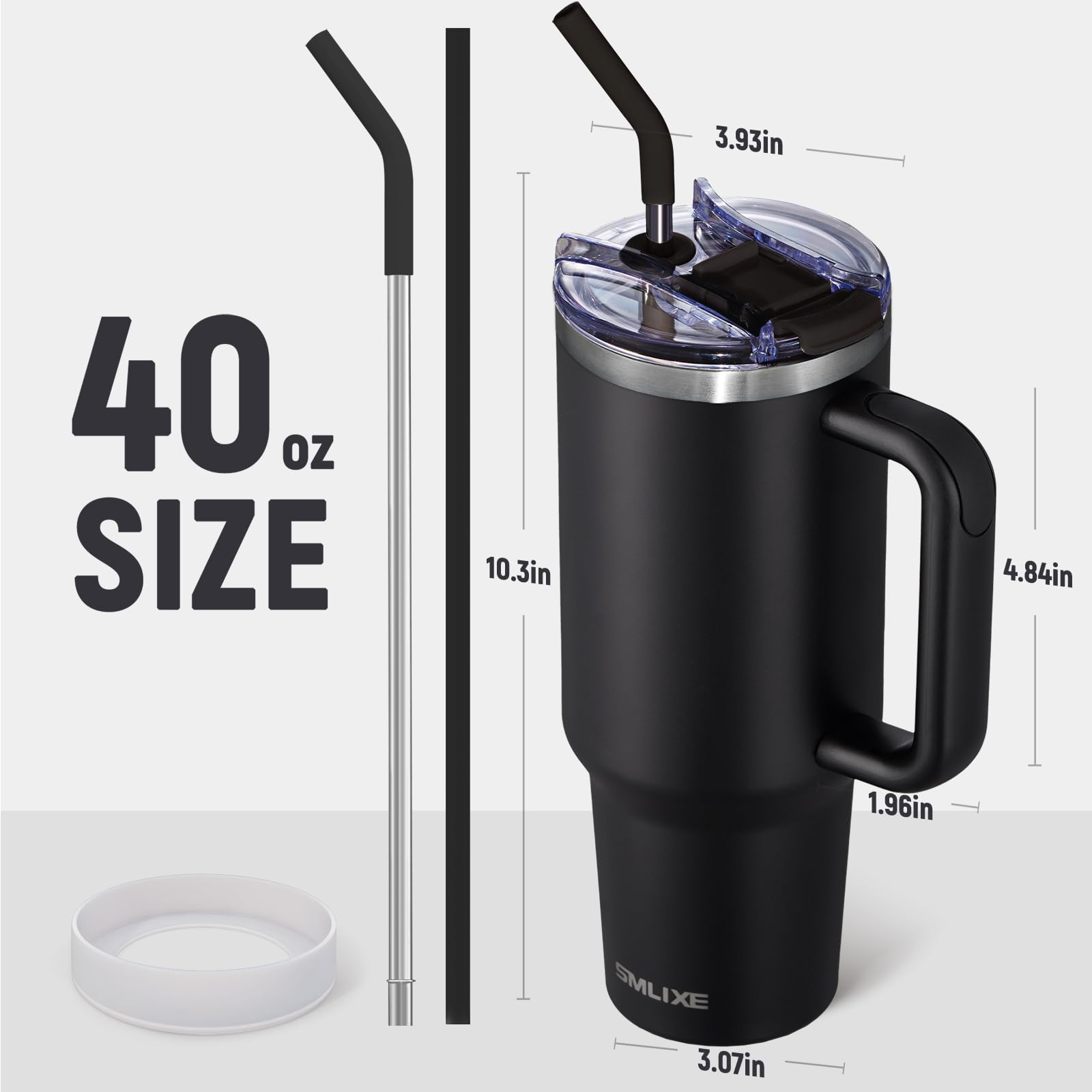 SMLIXE 40 oz Tumbler with Handle and Straw Lid,Insulated Reusable Stainless Steel Water Bottle Travel Mug,Cupholder Friendly Double Wall Vacuum Sealed Cup (Black)