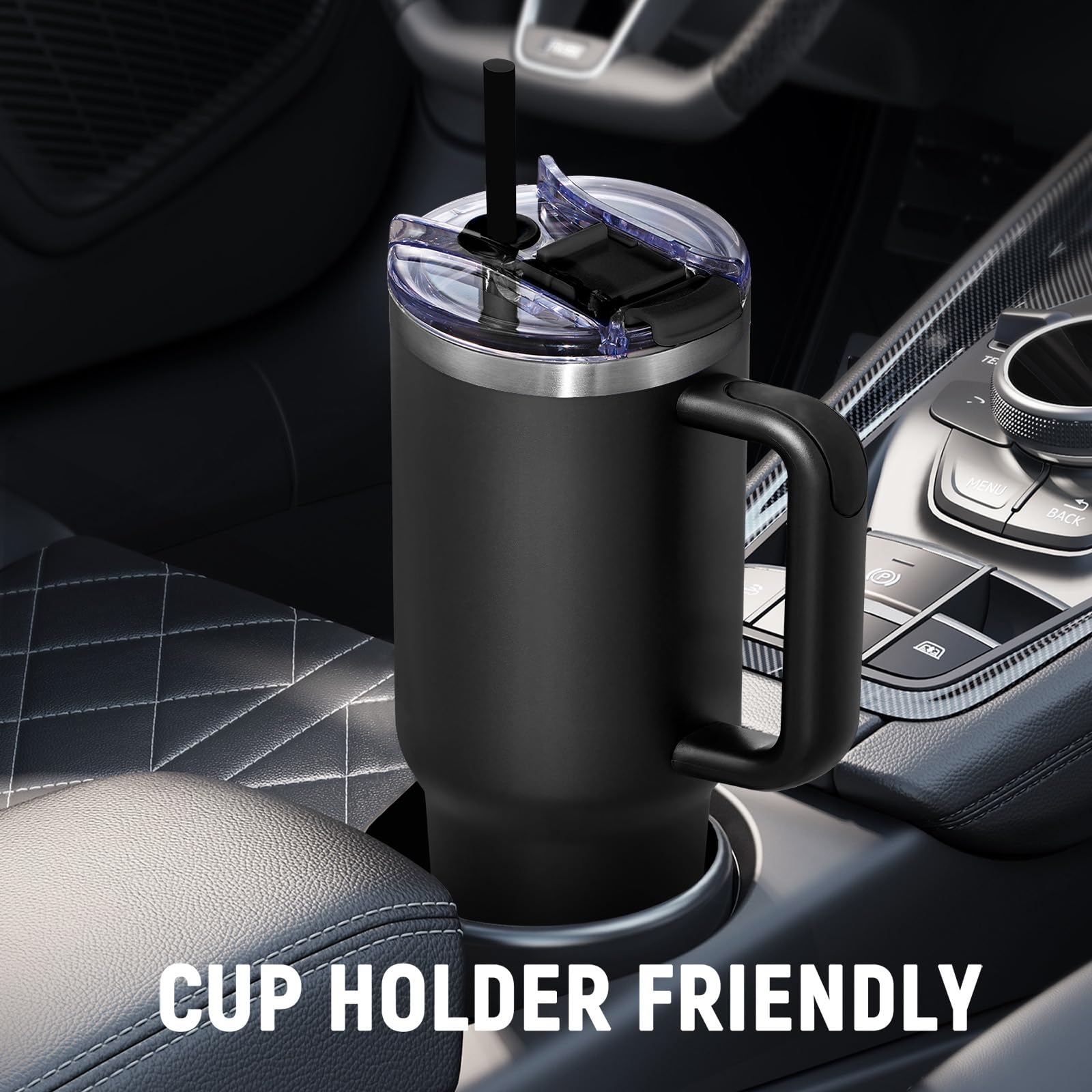 SMLIXE 40 oz Tumbler with Handle and Straw Lid,Insulated Reusable Stainless Steel Water Bottle Travel Mug,Cupholder Friendly Double Wall Vacuum Sealed Cup (Black)