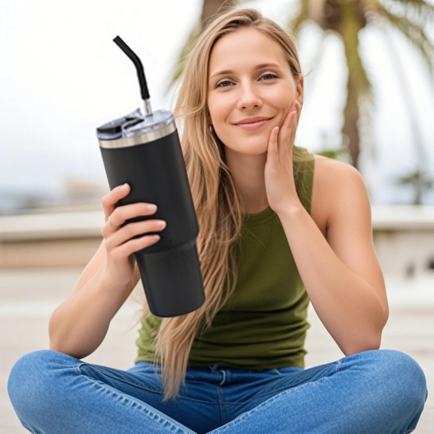 SMLIXE 40 oz Tumbler with Handle and Straw Lid,Insulated Reusable Stainless Steel Water Bottle Travel Mug,Cupholder Friendly Double Wall Vacuum Sealed Cup (Black)