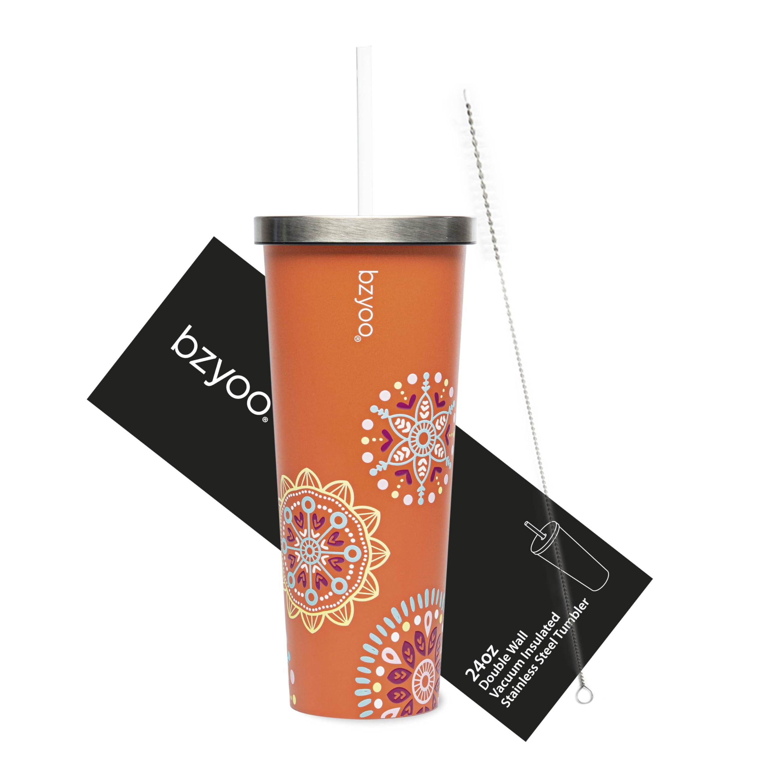 bzyoo SUP Double Wall Vacuum Insulated 24oz Tumbler with Straw and Lid Stainless Steel Water Bottle Travel Mug Cup, Mother's Day Gift Perfect For Ice Coffee or Tea Color: Orange Madallion