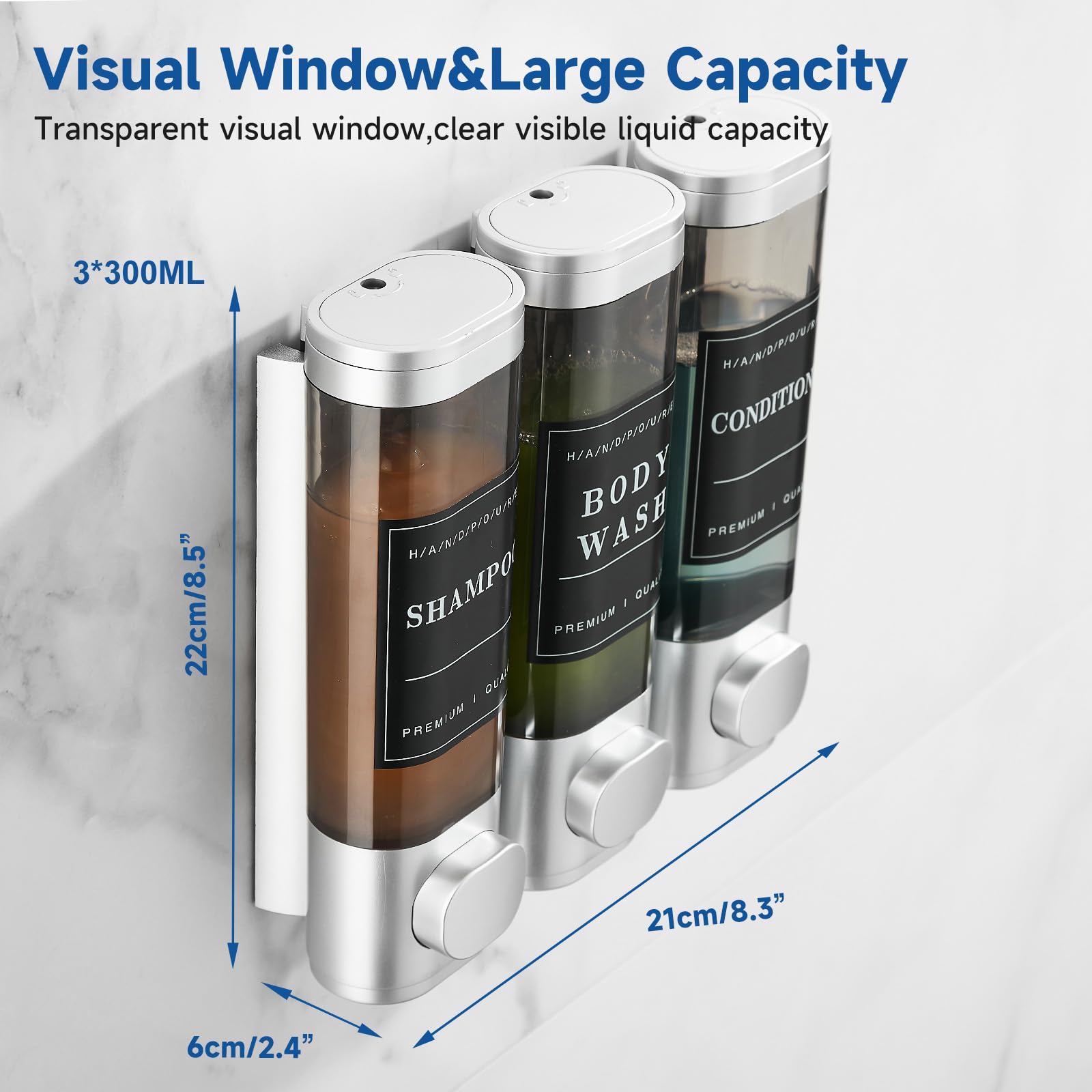 Shampoo and Conditioner Dispenser,Shower Dispenser 3 Chamber No Drill Wall-Mounted Shampoo Dispenser for Shower Wall Mounted Body Wash Dispenser for Bathroom Hotel Kitchen Large Capacity,Silver1