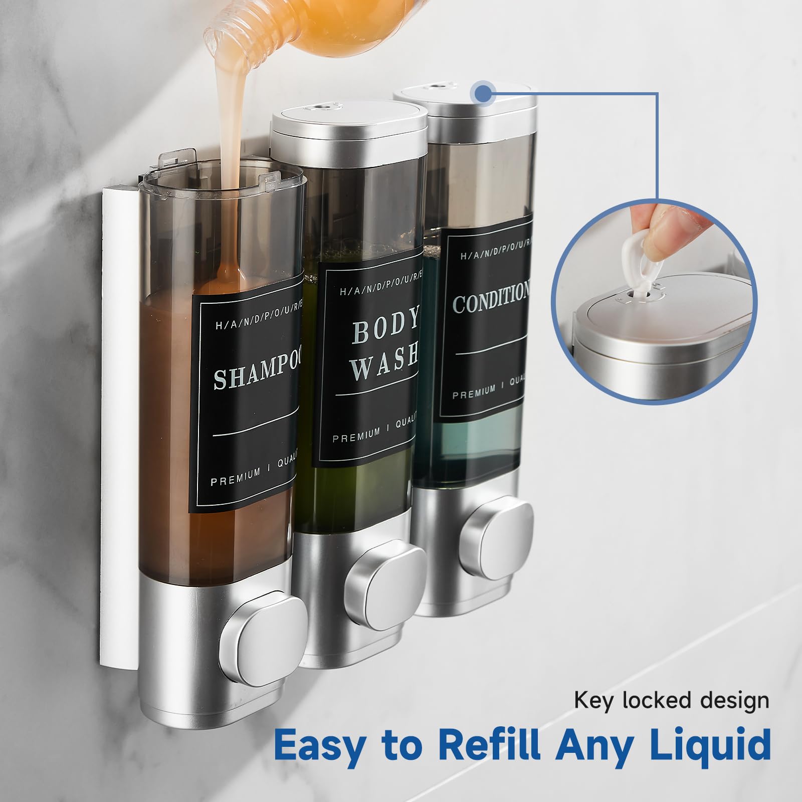 Shampoo and Conditioner Dispenser,Shower Dispenser 3 Chamber No Drill Wall-Mounted Shampoo Dispenser for Shower Wall Mounted Body Wash Dispenser for Bathroom Hotel Kitchen Large Capacity,Silver1