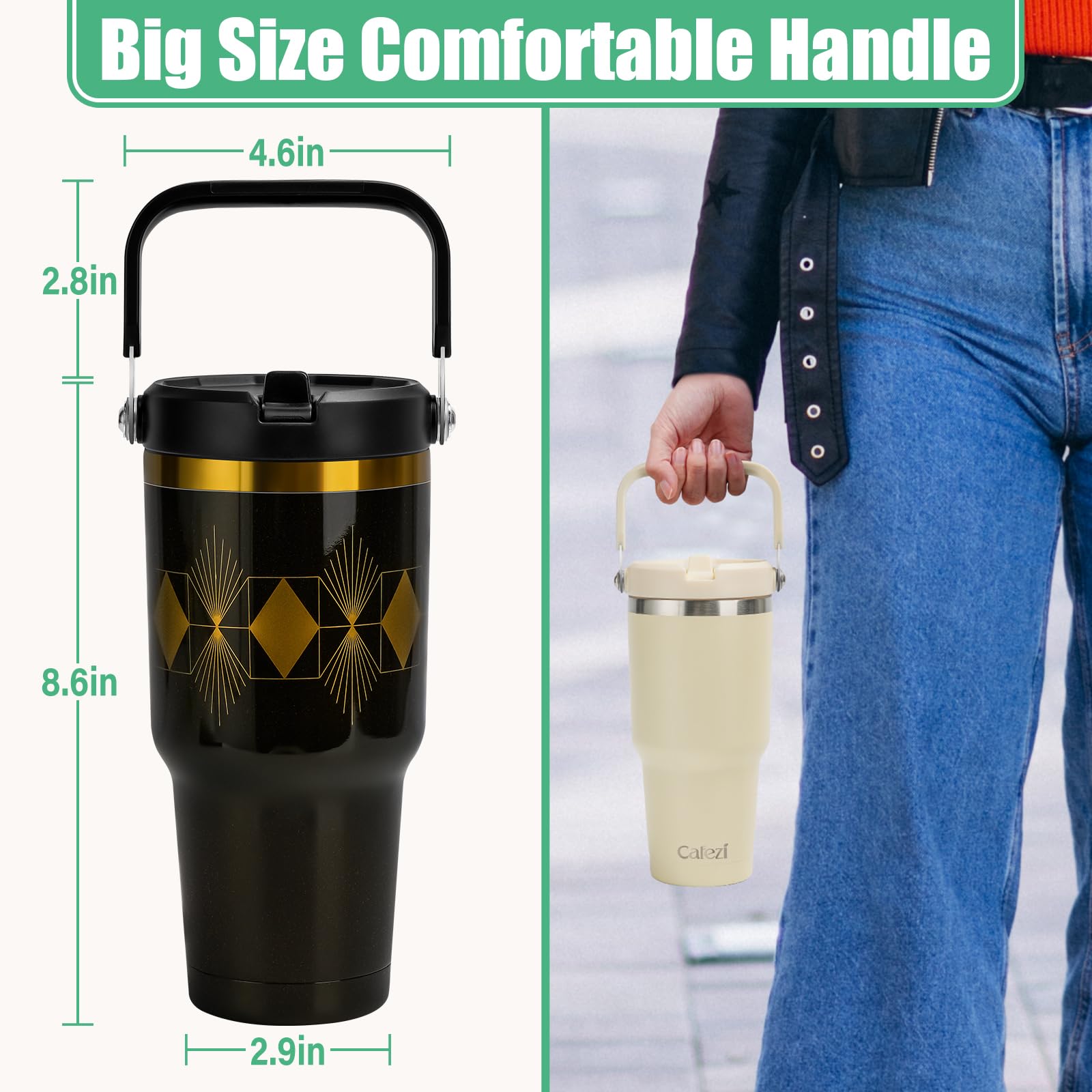 Cafezi 30oz Tumbler with Handle and Straw, Vacuum Insulated Tumblers with Flip Straw and Top Handle, Reusable Insulated Cup for Home, Outdoors, Leakproof, Fits in Cup Holder, Cold for 30 Hours