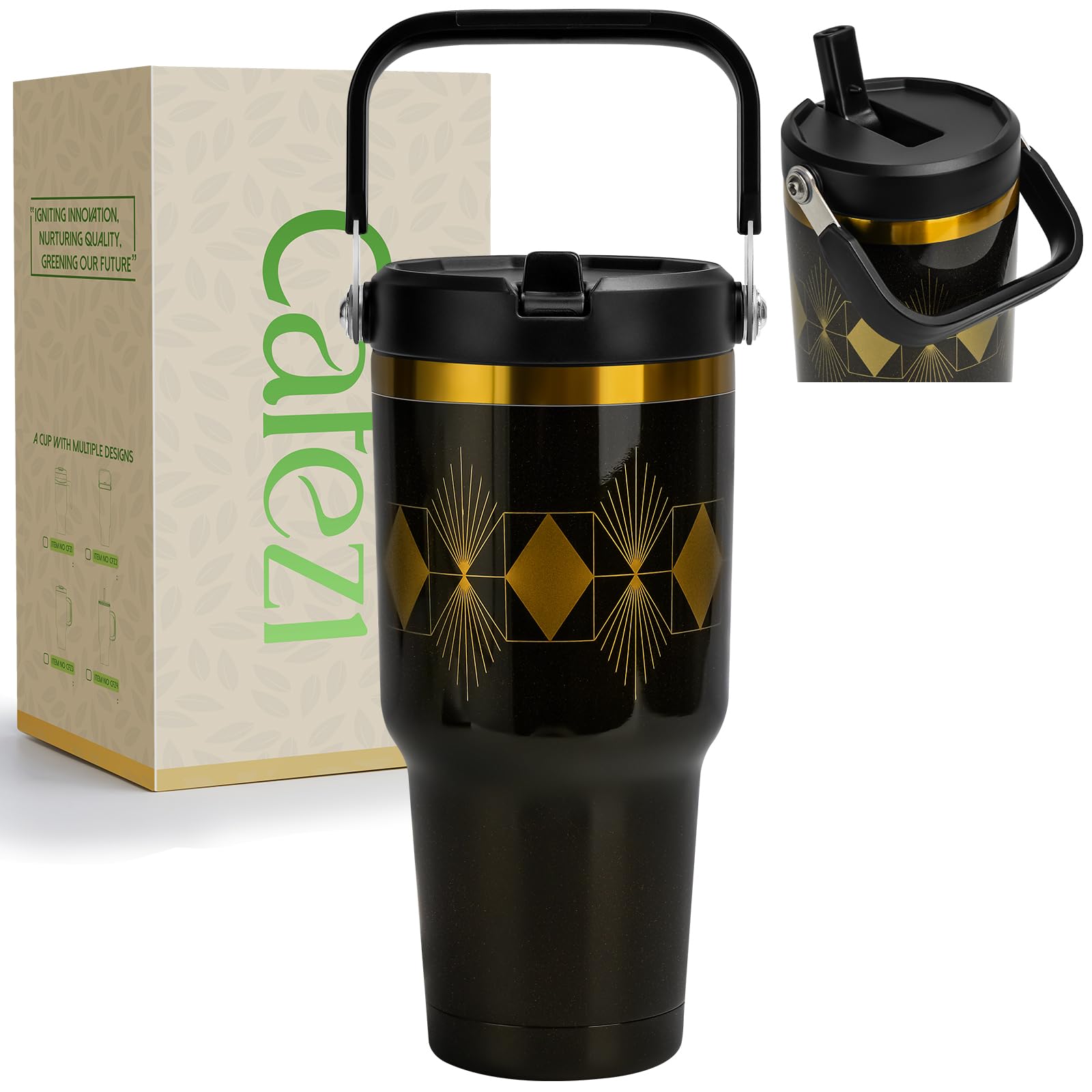 Cafezi 30oz Tumbler with Handle and Straw, Vacuum Insulated Tumblers with Flip Straw and Top Handle, Reusable Insulated Cup for Home, Outdoors, Leakproof, Fits in Cup Holder, Cold for 30 Hours