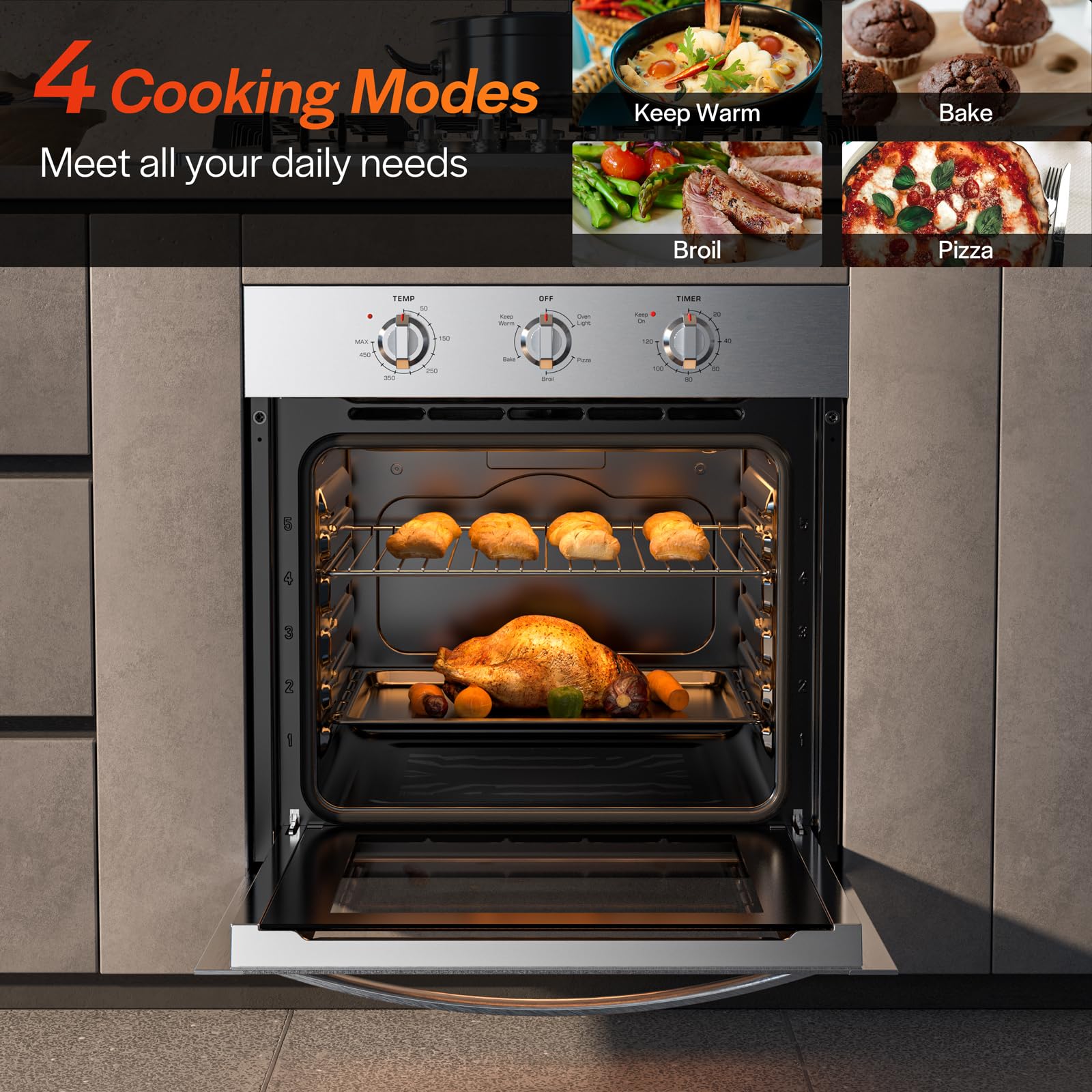 Empava 24 inch Electric Single Wall Oven 2.5 Cu.ft. Stainless Steel with Basic Broil Bake Functions Mechanical Knobs Control, 24WOE40L, Silver